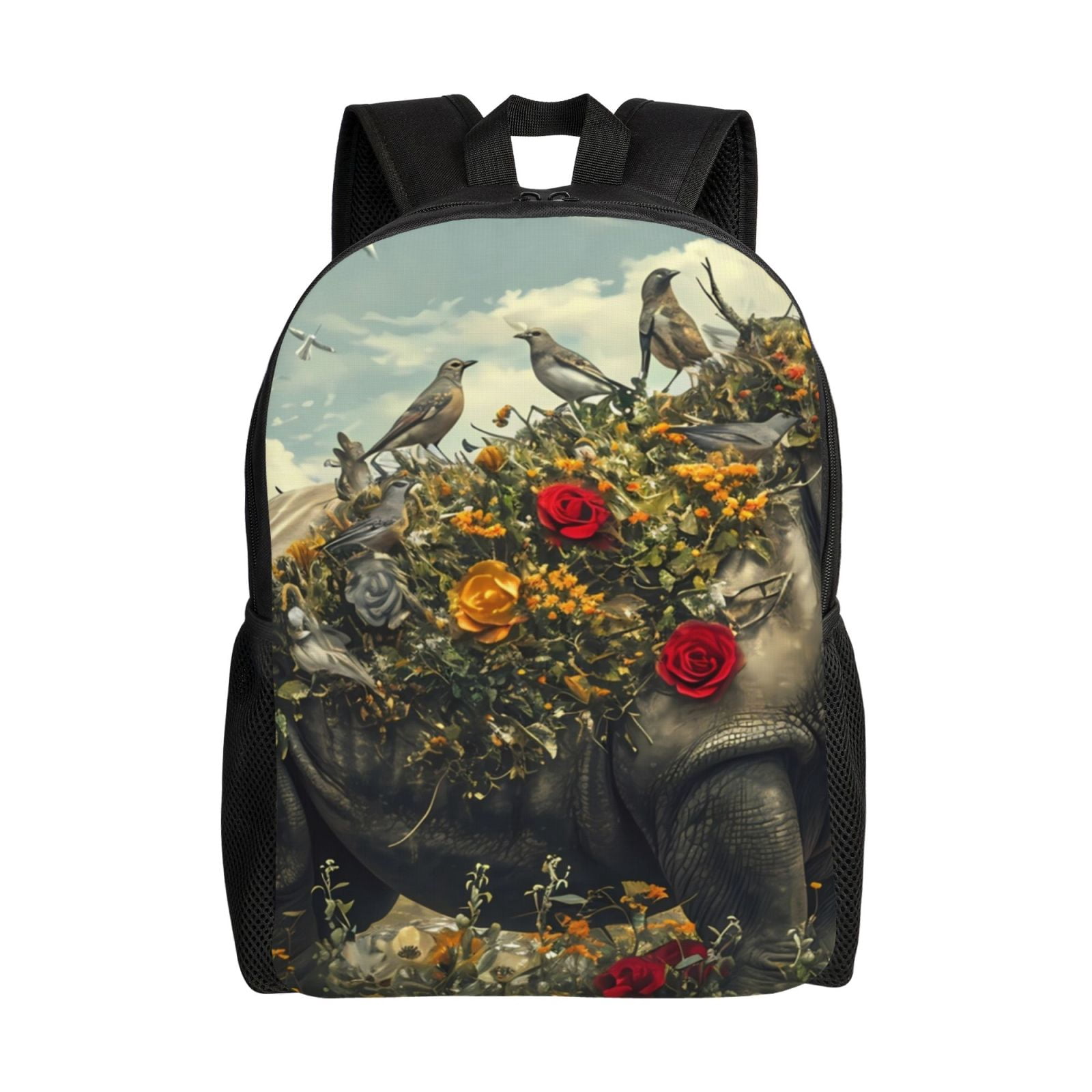 Honeii Floral Rhino With Birds Print Laptop Backpack for Work, College ...