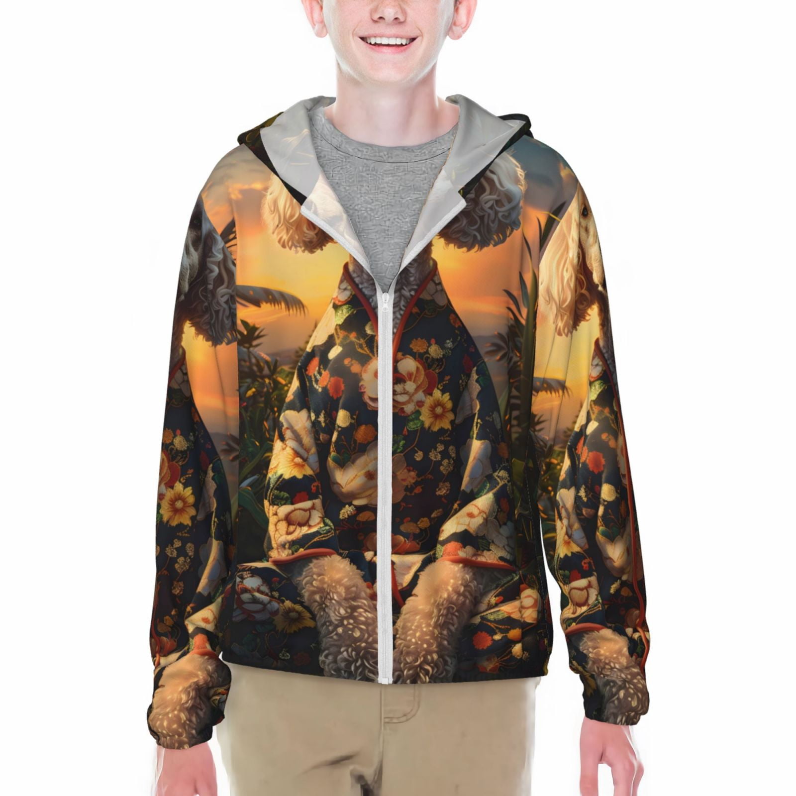 Honeii Flower Field Poodle Print Sun Protection Jacket Hooded Cooling ...