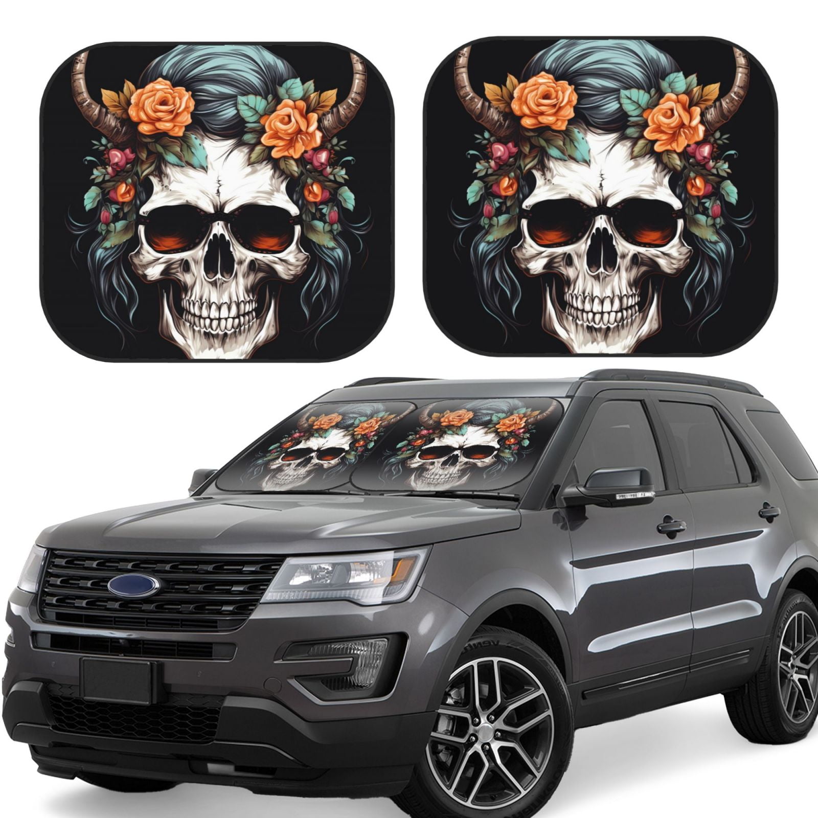 Honeii Flower Horn Skull Print Foldable Car Sun Shade for Windshield, 2 ...