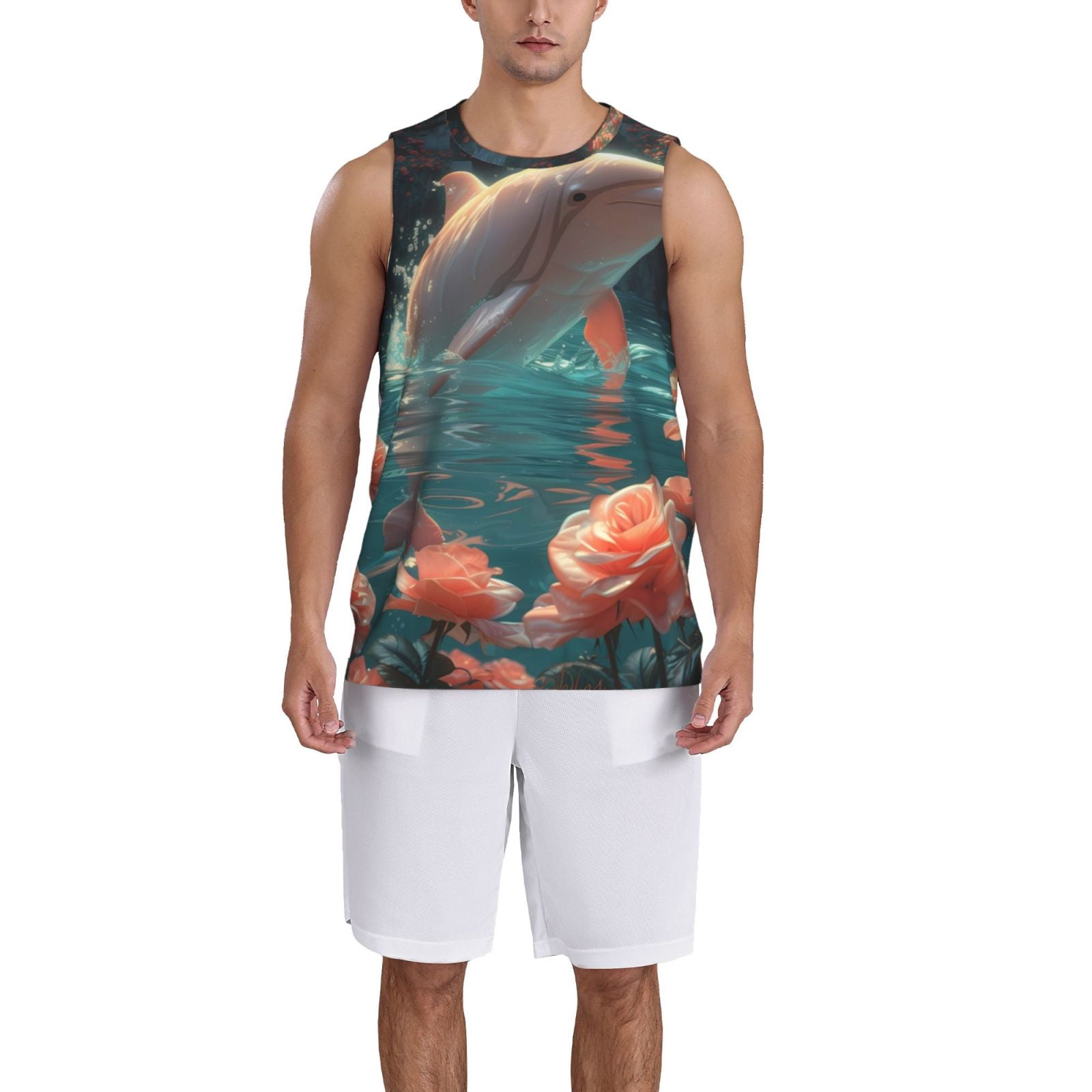 Honeii Flower White Dolphin print basktball shirt for men and women ...