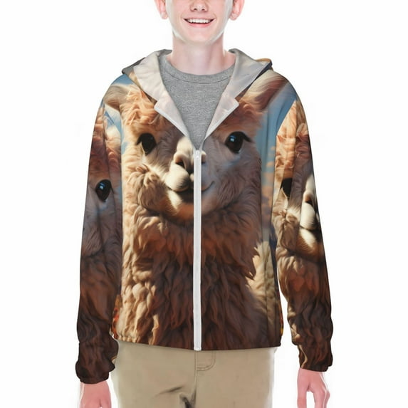 Honeii Fluffy Alpaca Mountain Meadow Print Sun Protection Jacket Hooded ...