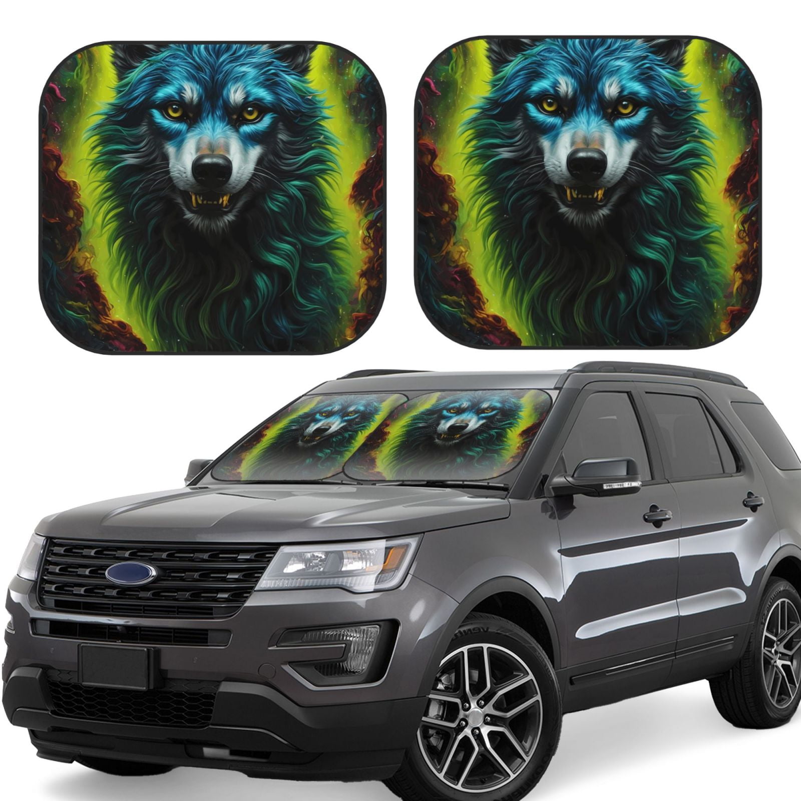 Honeii Fluorescent Wolf Print Foldable Car Sun Shade for Windshield, 2 ...