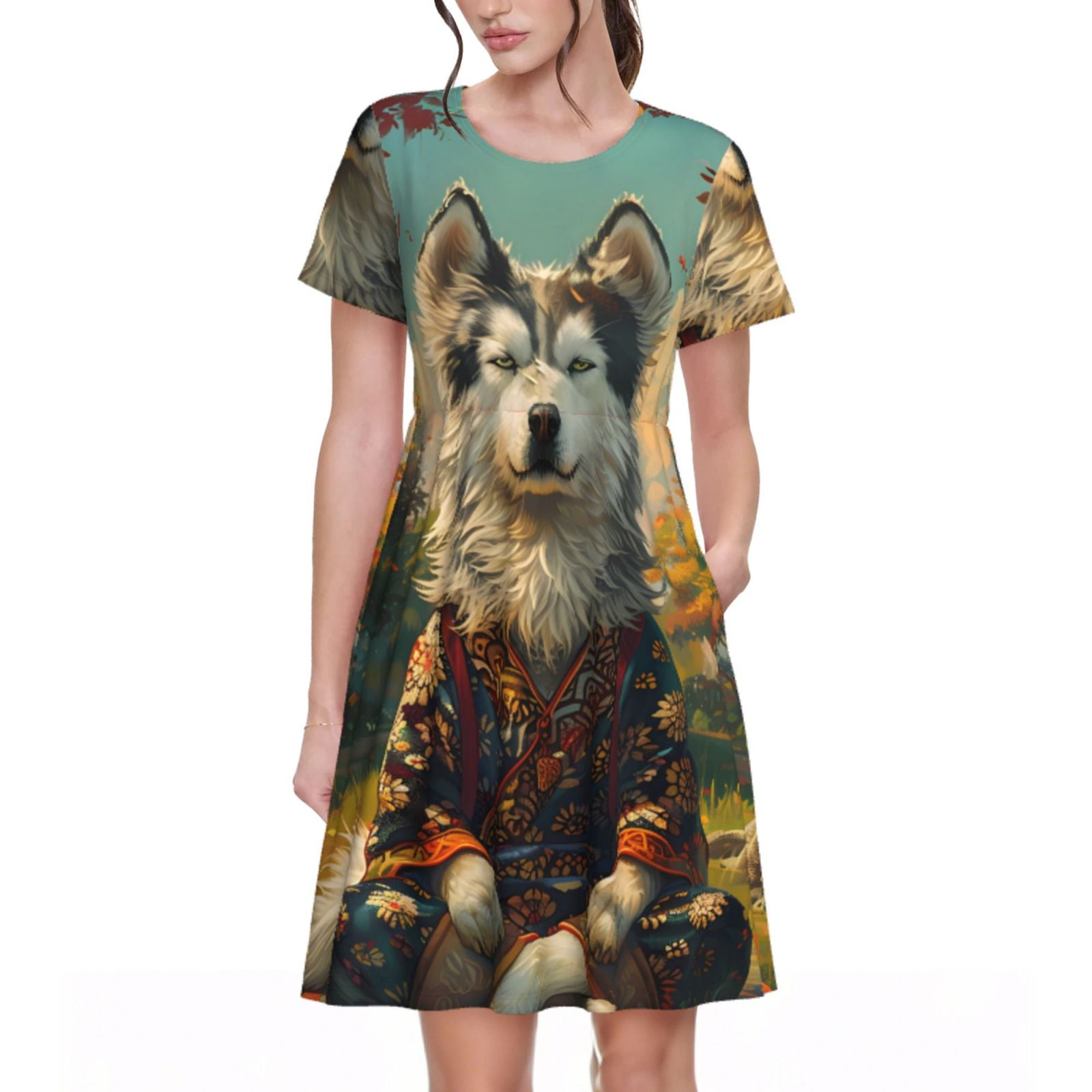 Honeii Forest Maple Leaf Husky Print Women’s Short Sleeve Dress ...