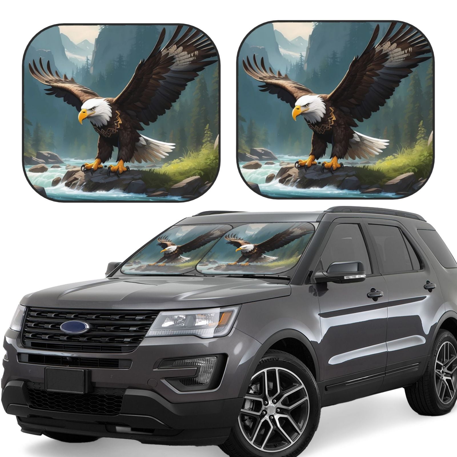 Honeii Forest River Bald Eagle Print Foldable Car Sun Shade for ...