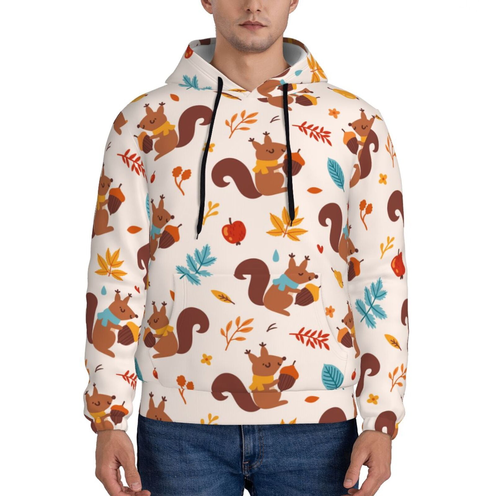Honeii Forest Squirrel Nuts Pattern Mens Hoodies Men's Loose Sleeve ...