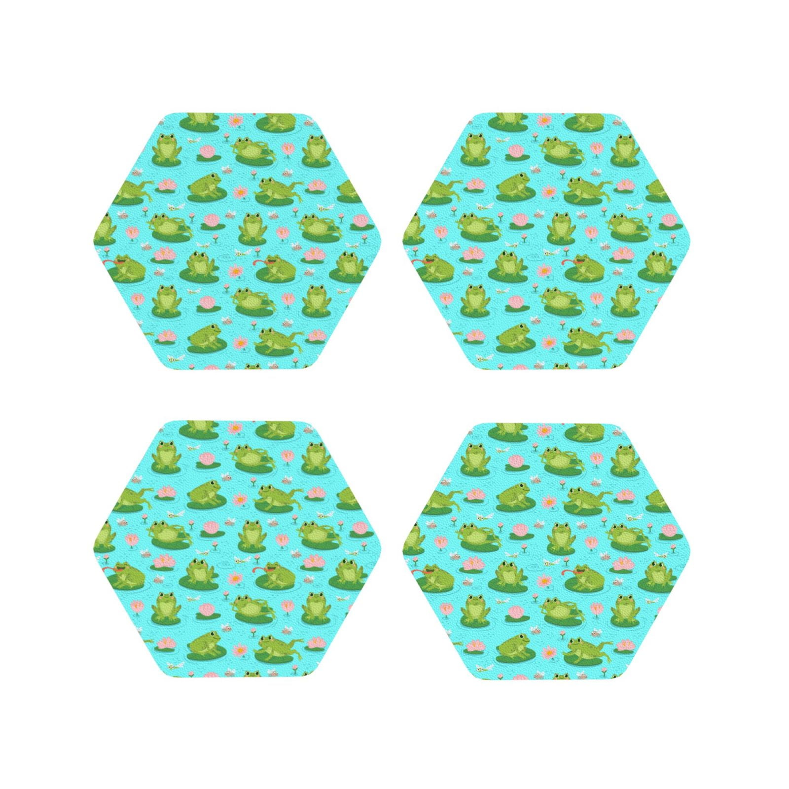 Honeii Frogs And Aquatic Plants Print Leather Coaster Set of 4, Ideal for Safeguarding Your ...