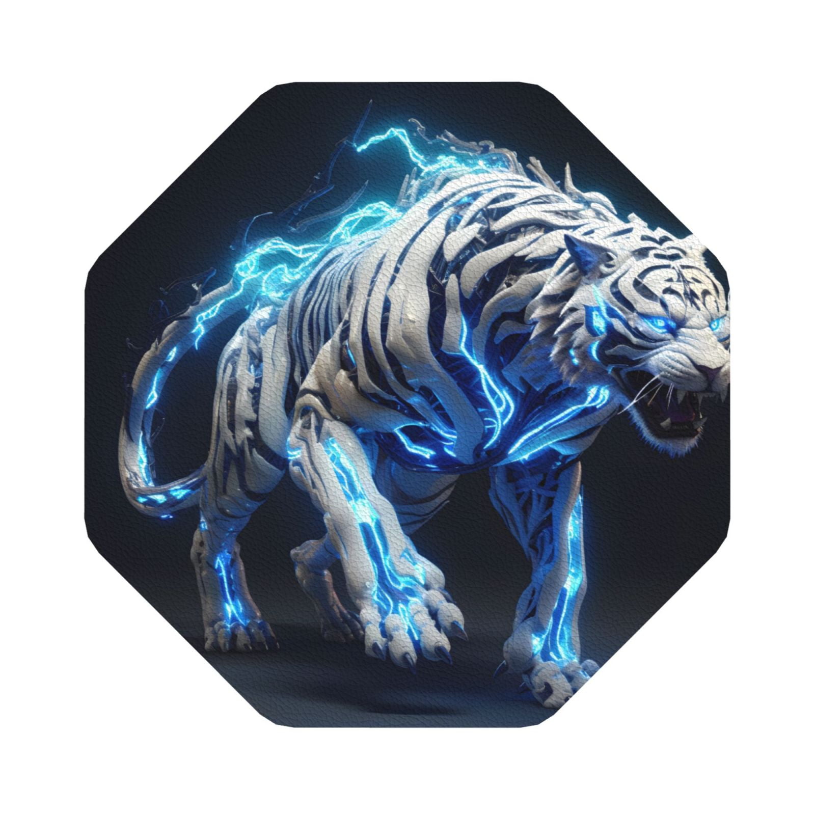 Honeii Futuristic Blue Light White Tiger Print Leather Coaster Set of 6, Ideal for Safeguarding ...