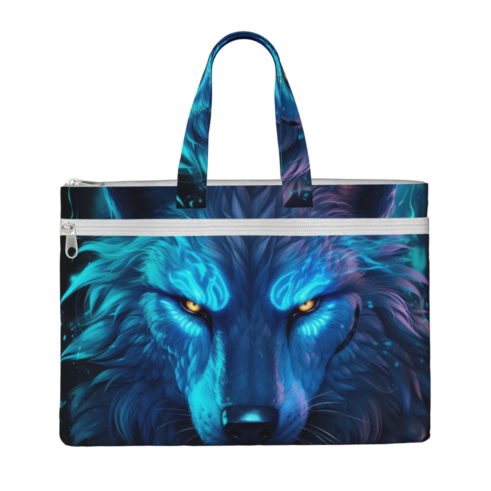 Honeii Futuristic Blue Light Wolf Print Canvas Tote Bag with ...