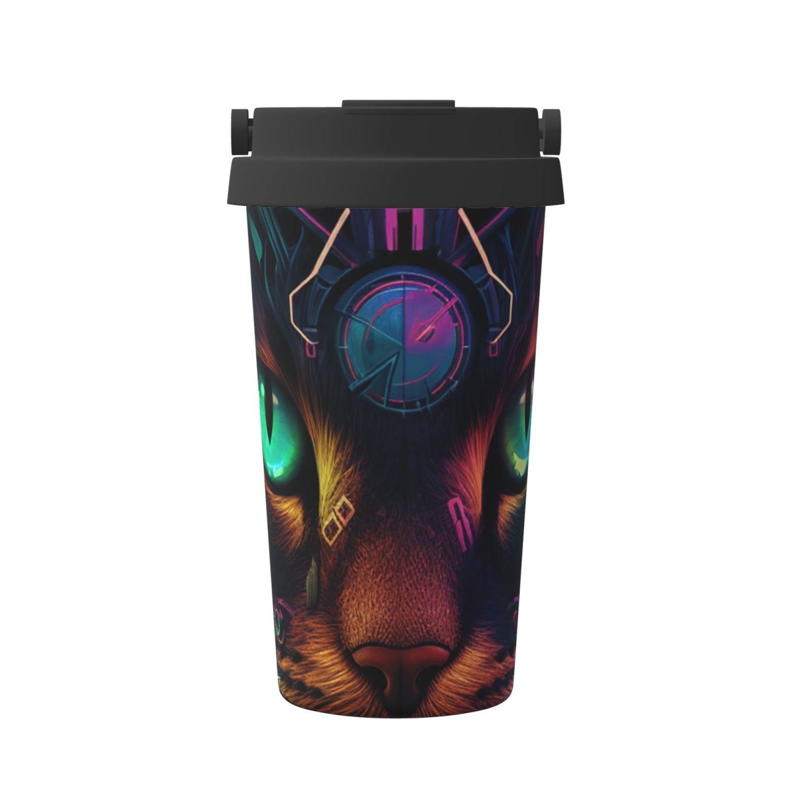 Honeii Futuristic Cat Warrior Print Travel Coffee Mug Insulated Coffee ...