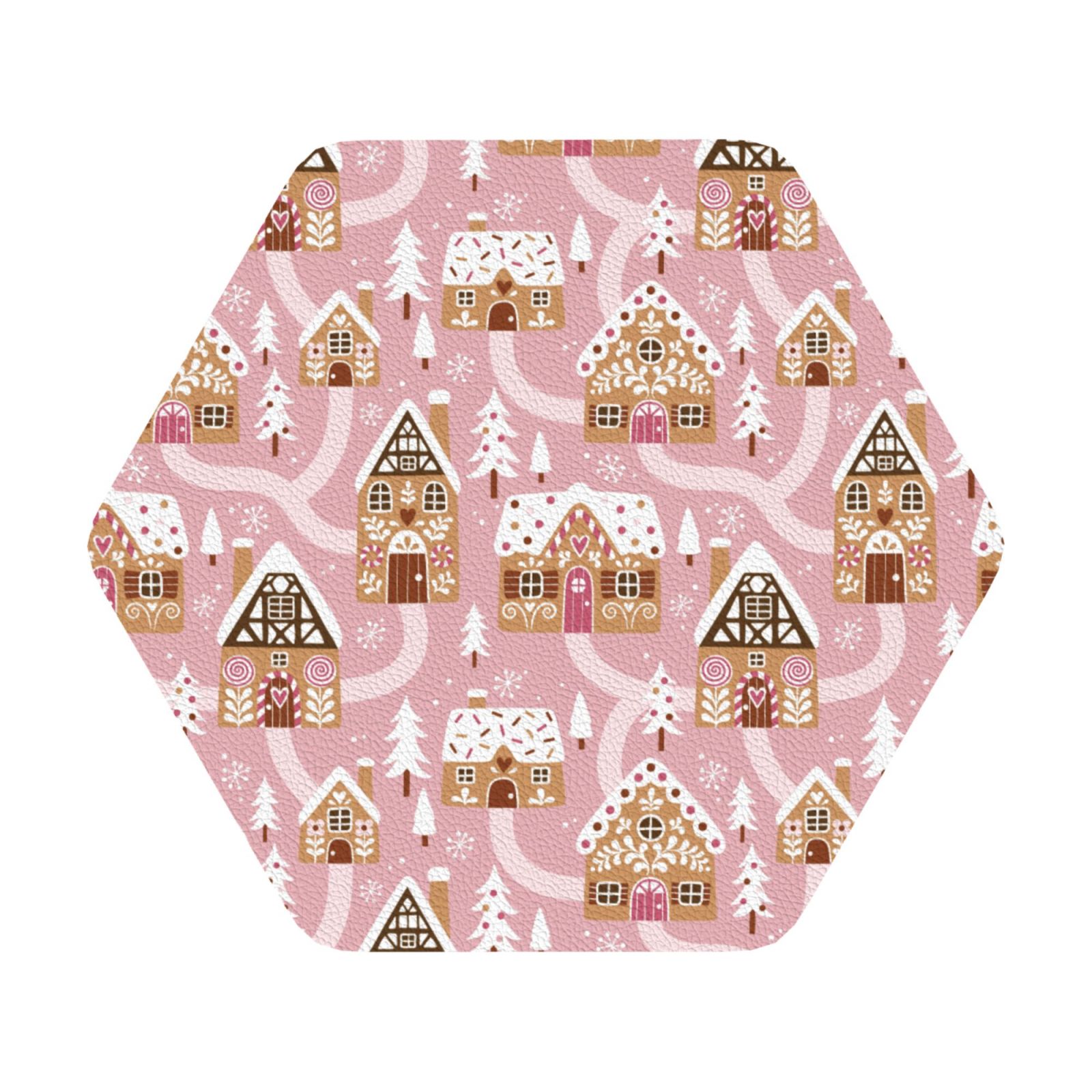 Honeii Gingerbread Houses Pink Wonderland Print Leather Coaster Set of ...