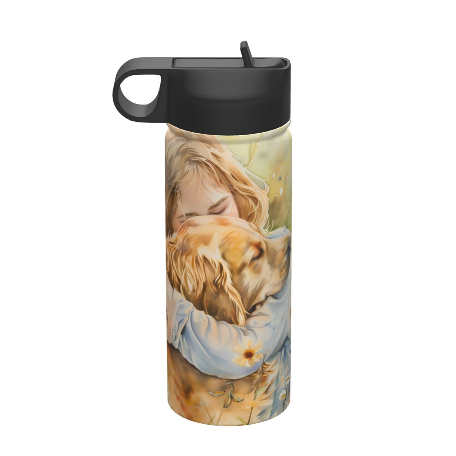 Honeii Girl Hugging Dog Flowers Print 18 oz Insulated Water Bottle with ...