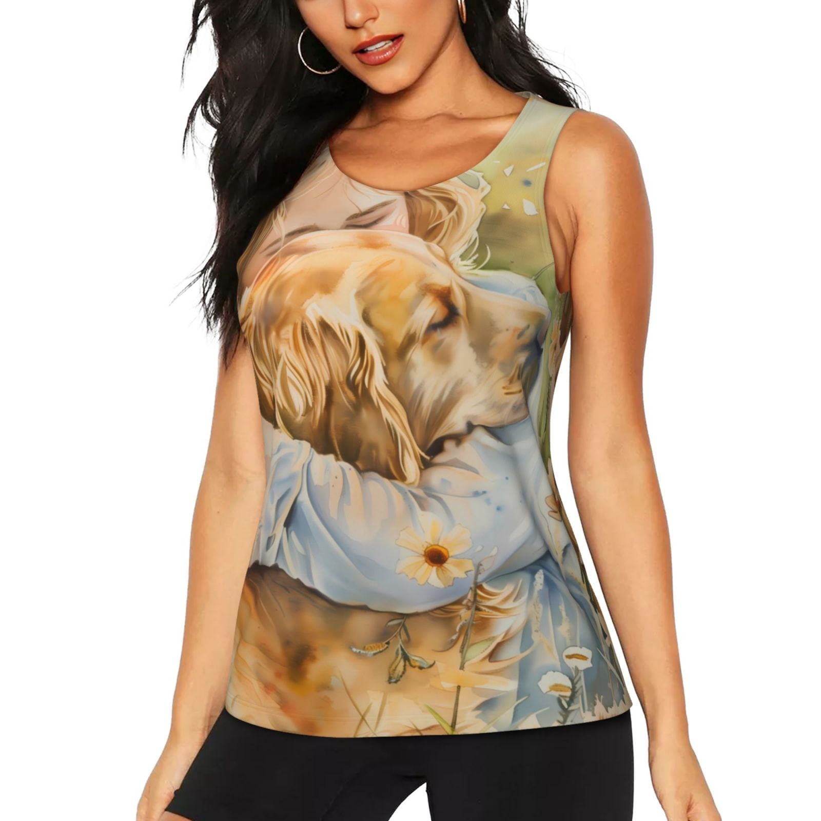 Honeii Girl Hugging Dog Flowers Print Women's Workout Tank Top ...