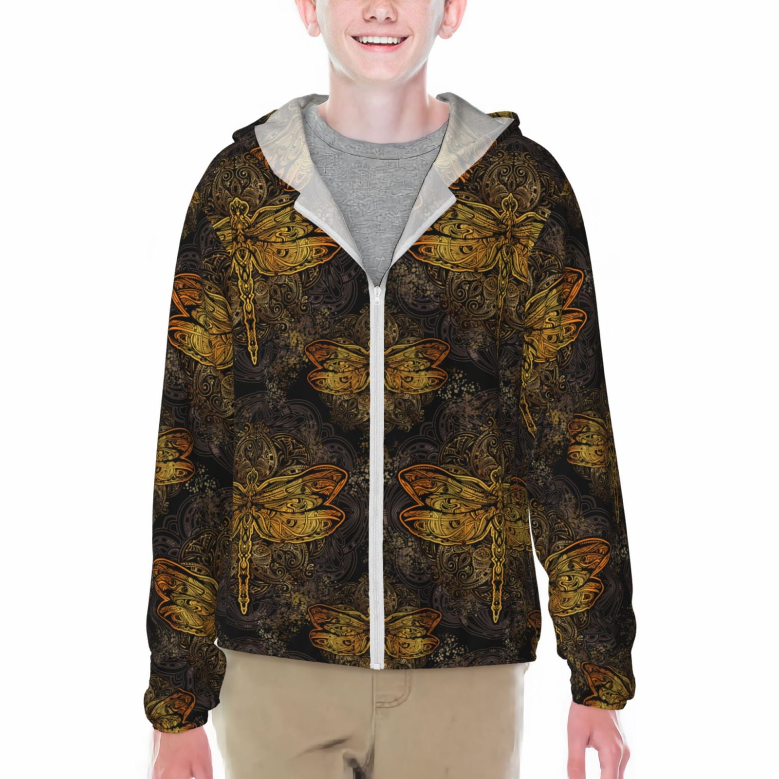 Honeii Gold Dragonfly Mandala Print Sun Protection Jacket Hooded ...
