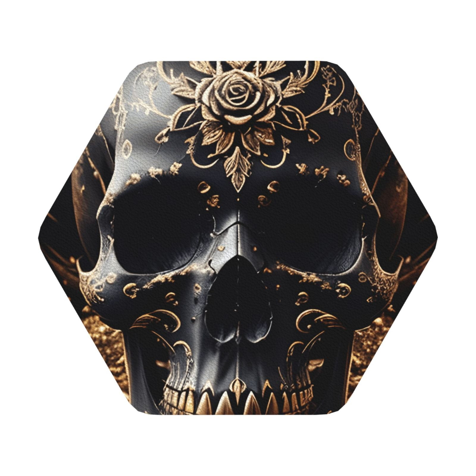 Honeii Gold Pattern Black Skull Print Leather Coaster Set of 6, Ideal ...