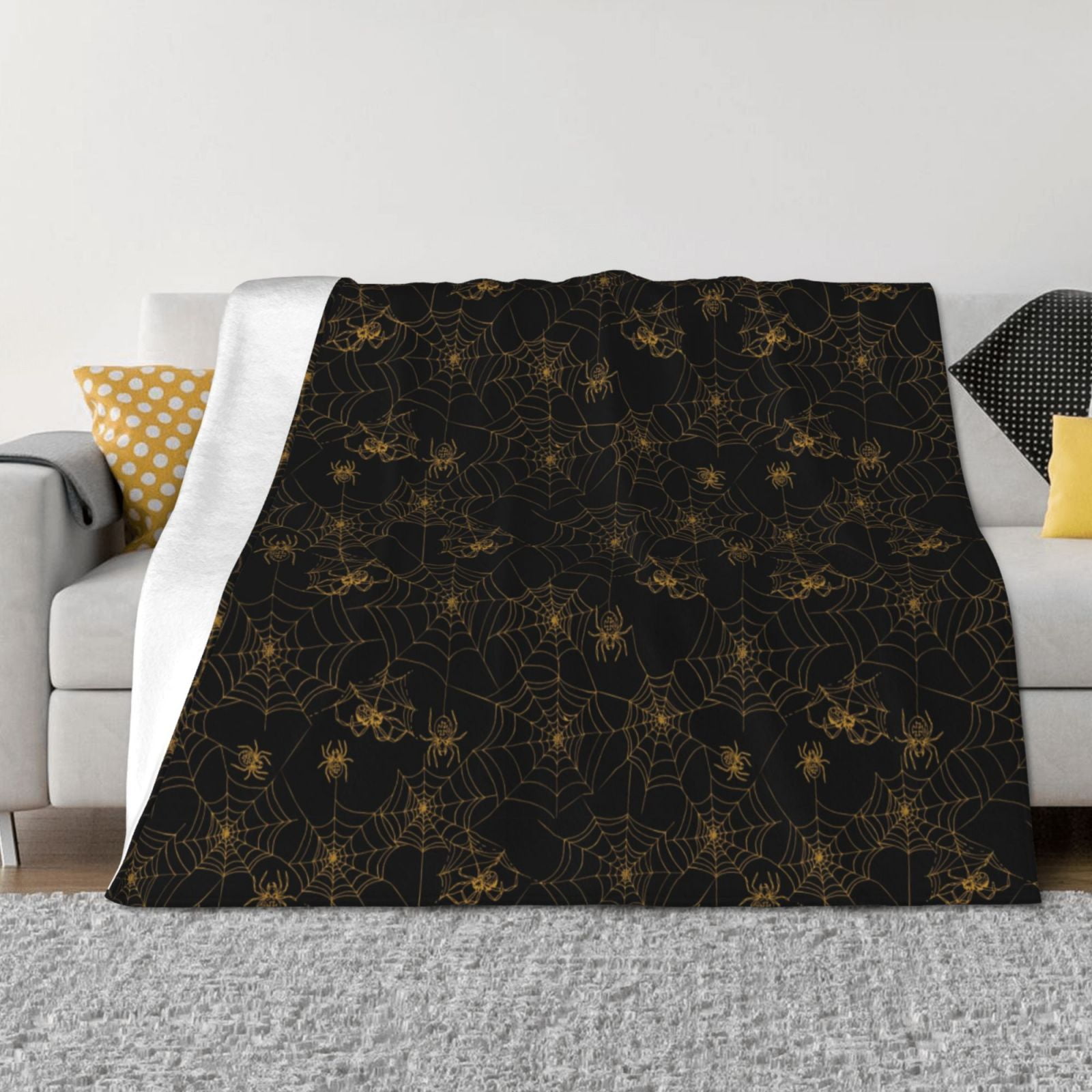 Honeii Gold Spiders And Cobwebs print throw blanket, crafted from cozy ...