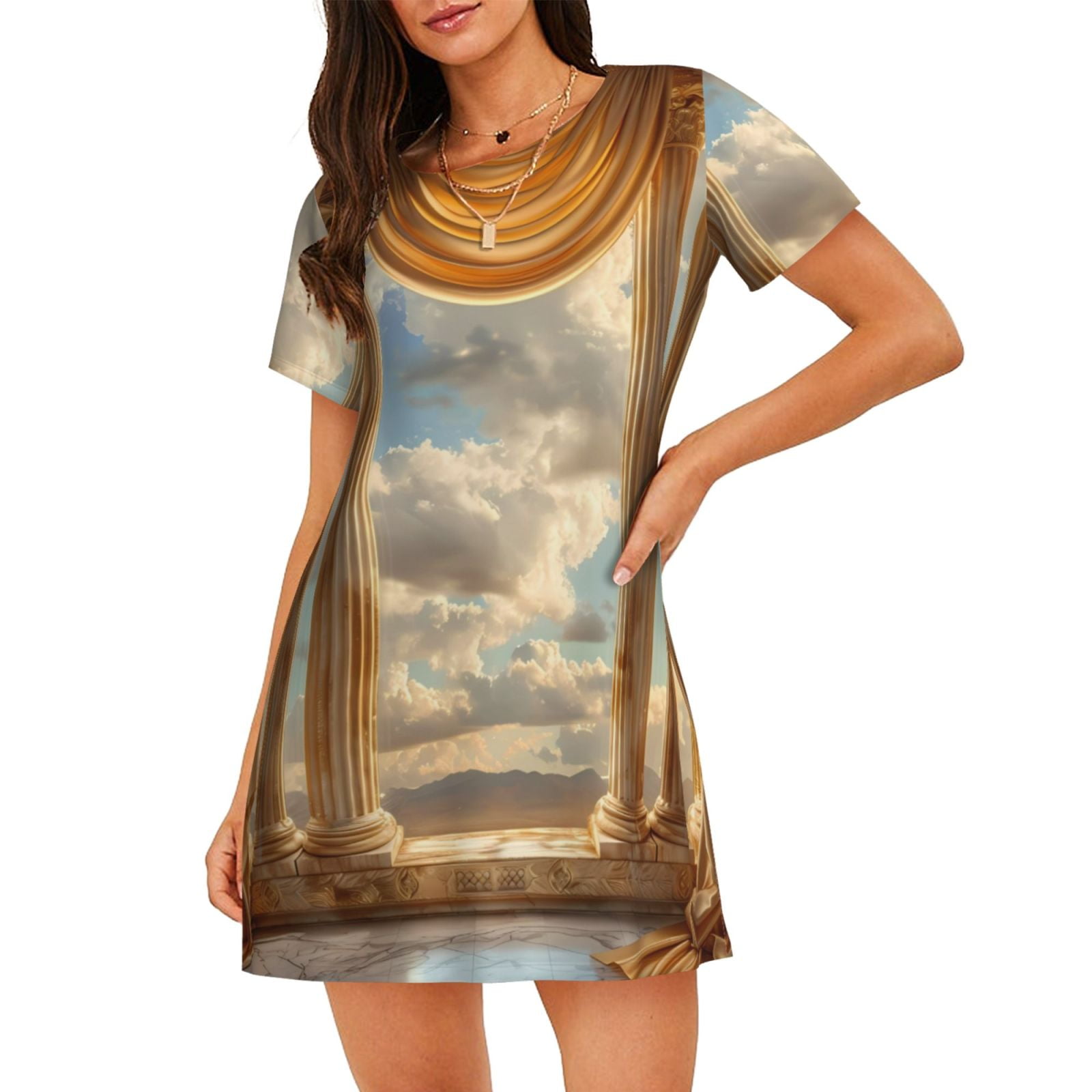 Honeii Golden Drapes Pillars Clouds Print Women's Loose Short Sleeve ...