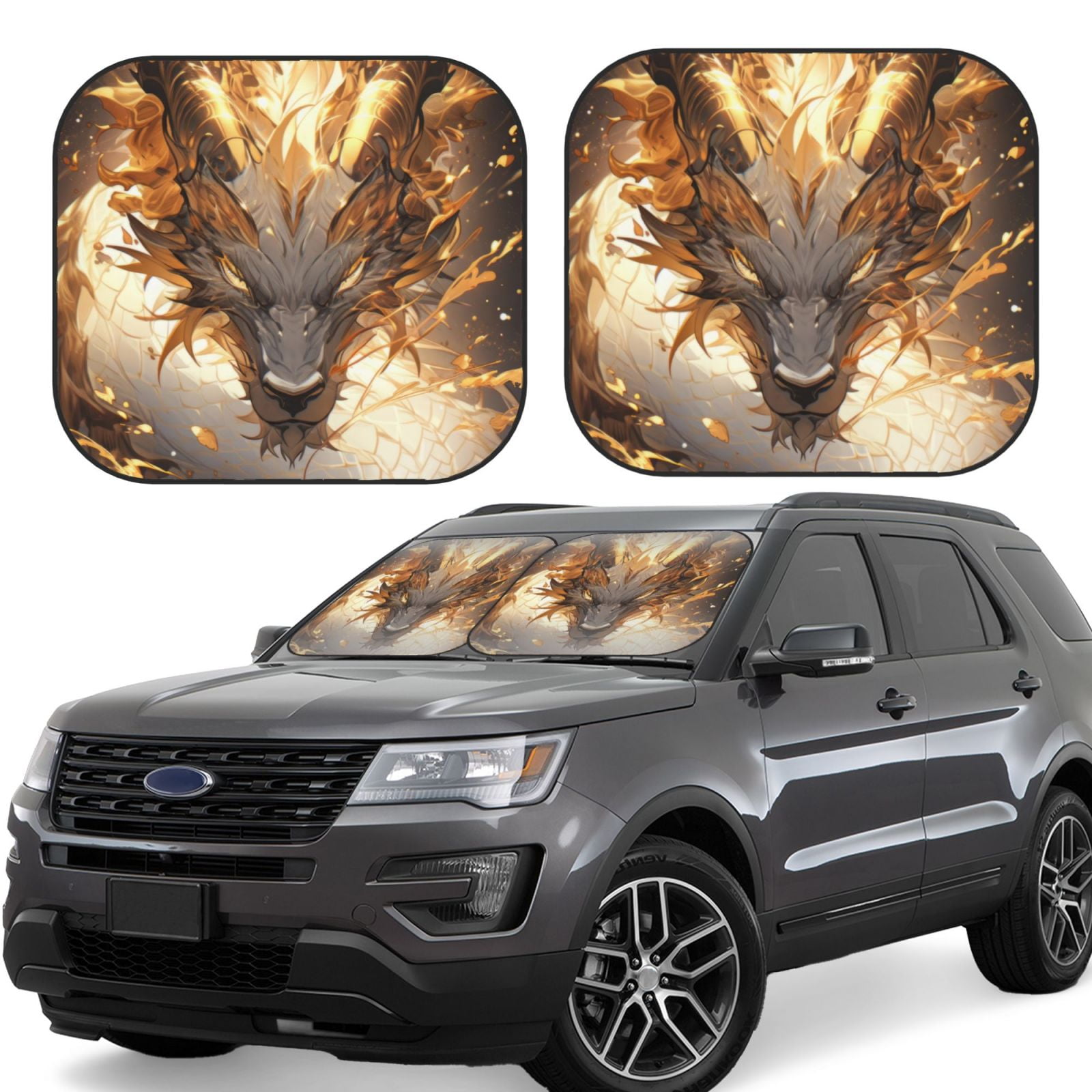 Honeii Golden Horned White Dragon Print Foldable Car Sun Shade for Windshield, 2-Piece UV ...