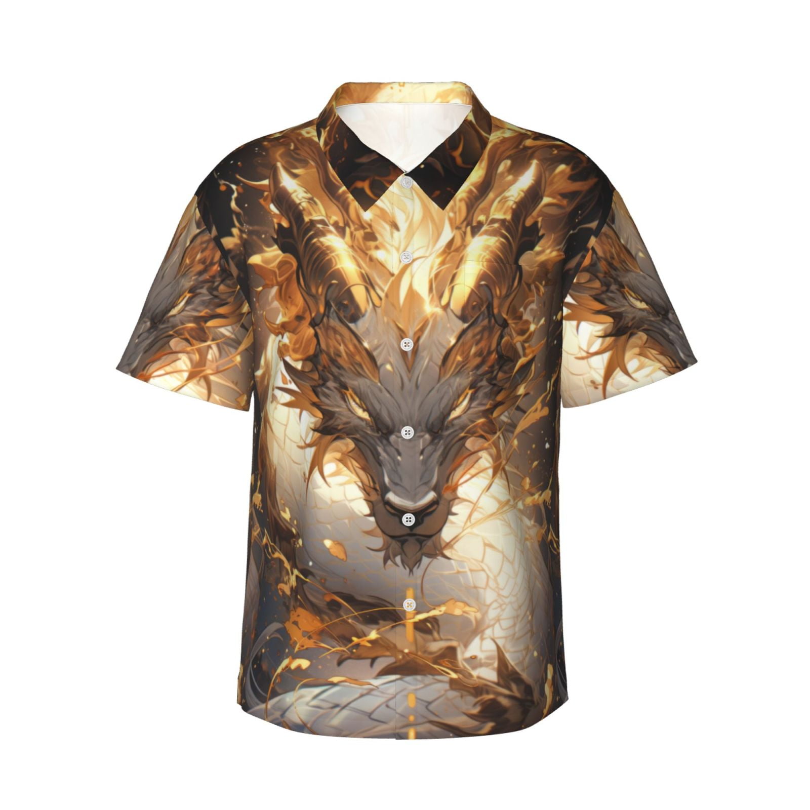 Honeii Golden Horned White Dragon Print Men’s Hawaiian Shirt,Classic Button-Down Short Sleeve ...