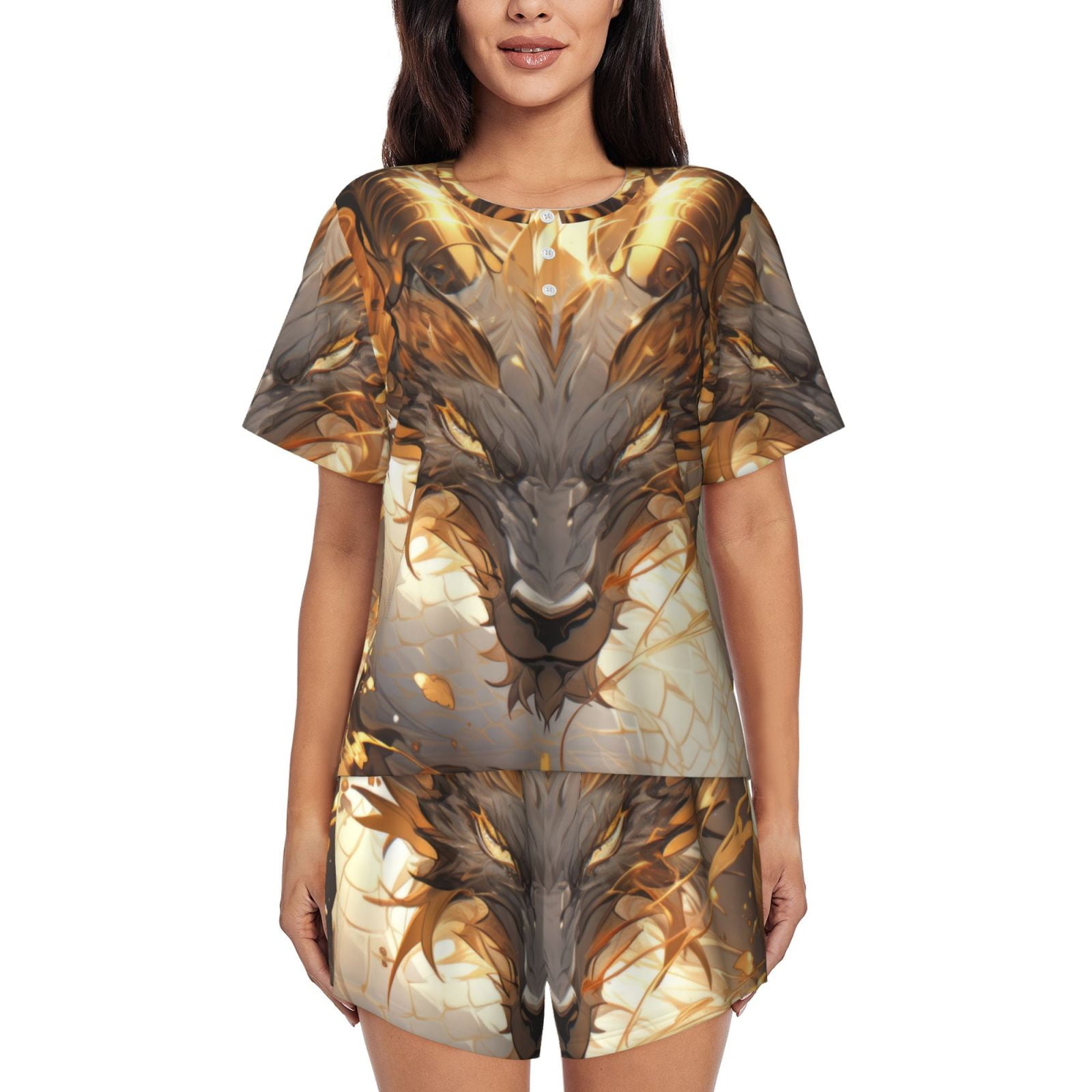 Honeii Golden Horned White Dragon for Women's Summer Pajama Set featuring Soft Short Sleeve ...