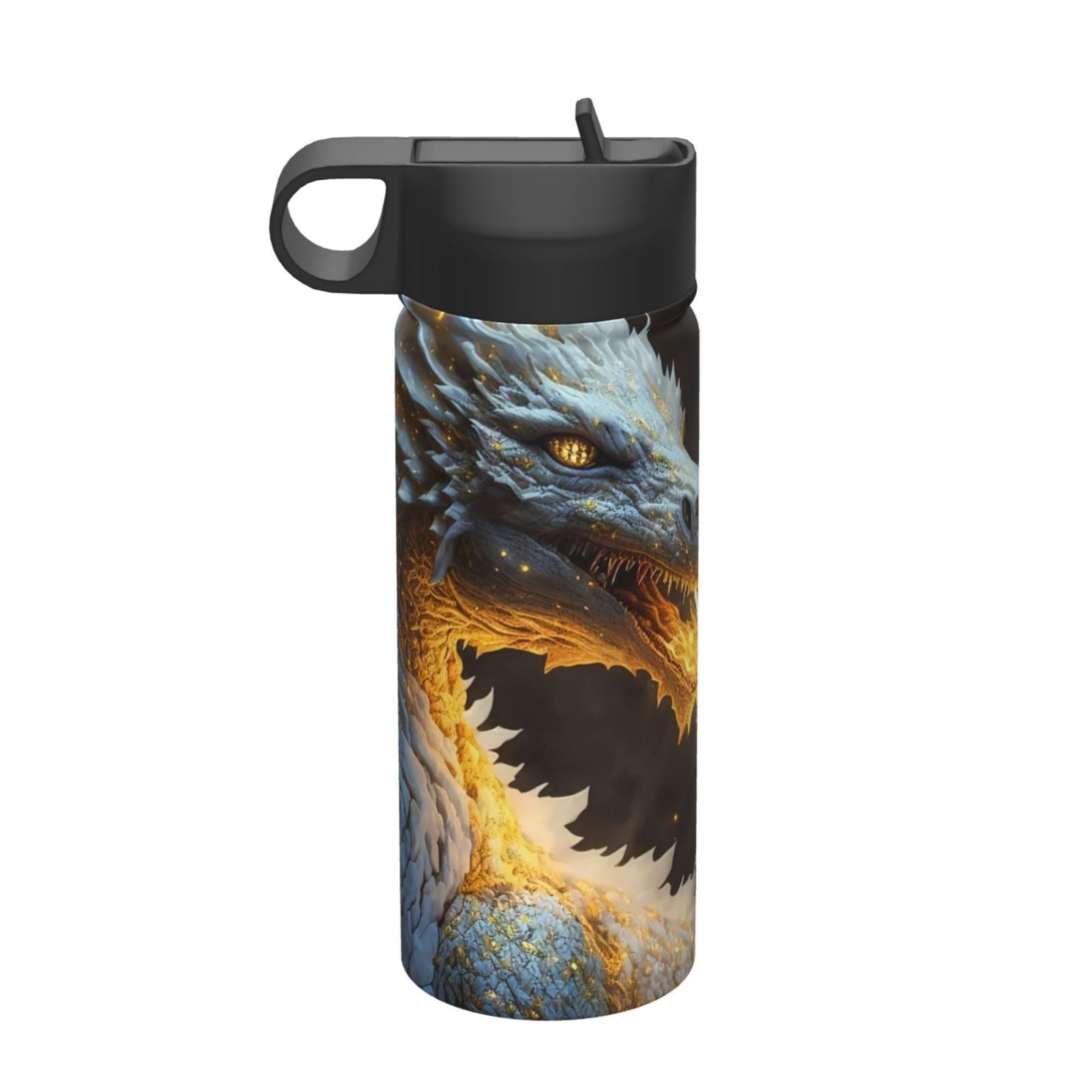 Honeii Golden White Fire Dragon Print 18 oz Insulated Water Bottle with Straw Lid, Stainless ...