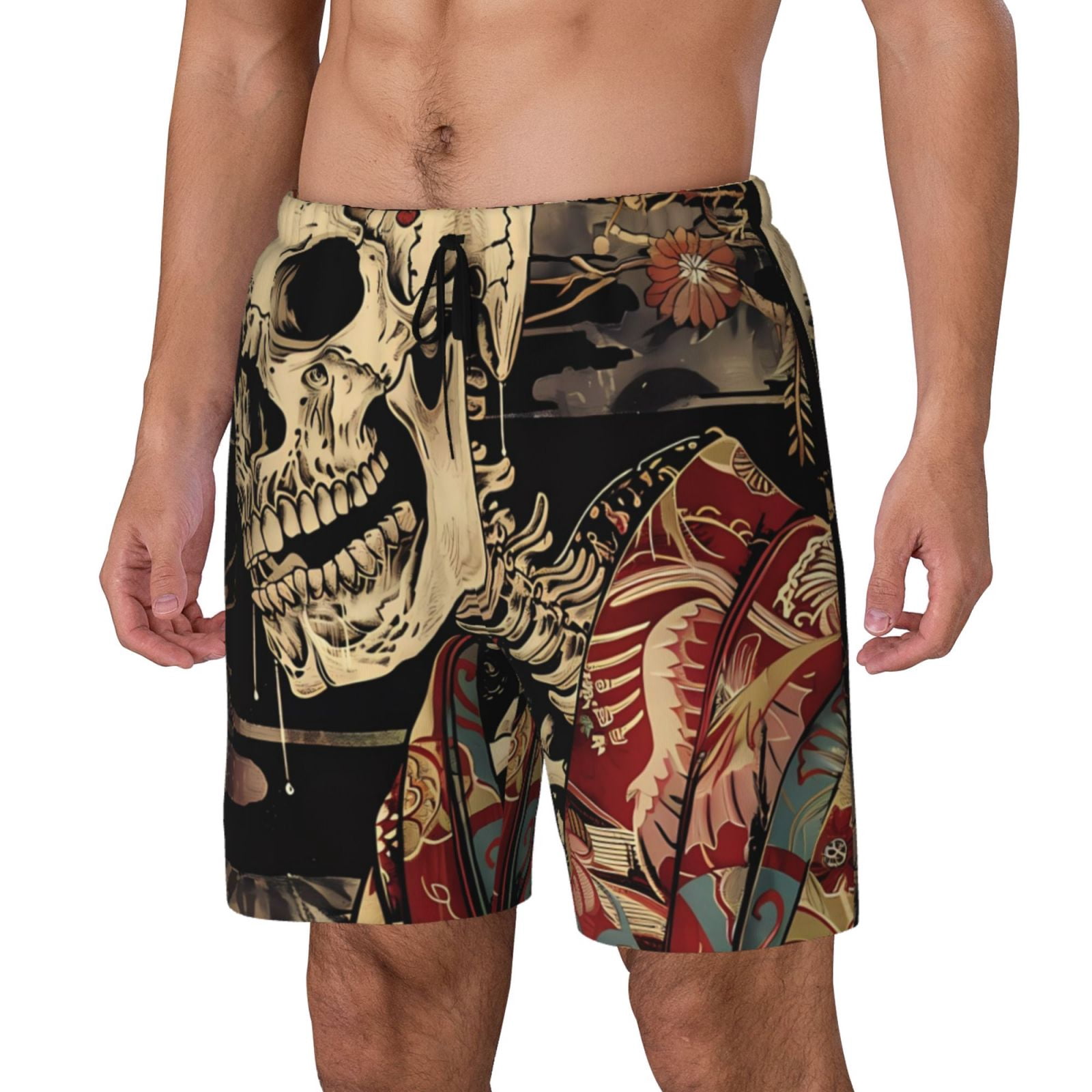 Honeii Gothic Eastern Floral Skull Print Men's Swim Shorts,Mens Swim ...