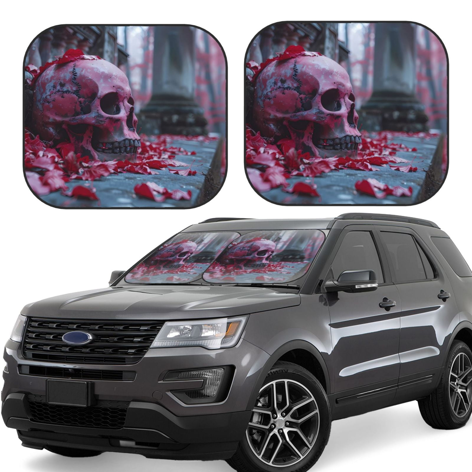 Honeii Gothic Red Skull Cemetery Print Foldable Car Sun Shade for ...