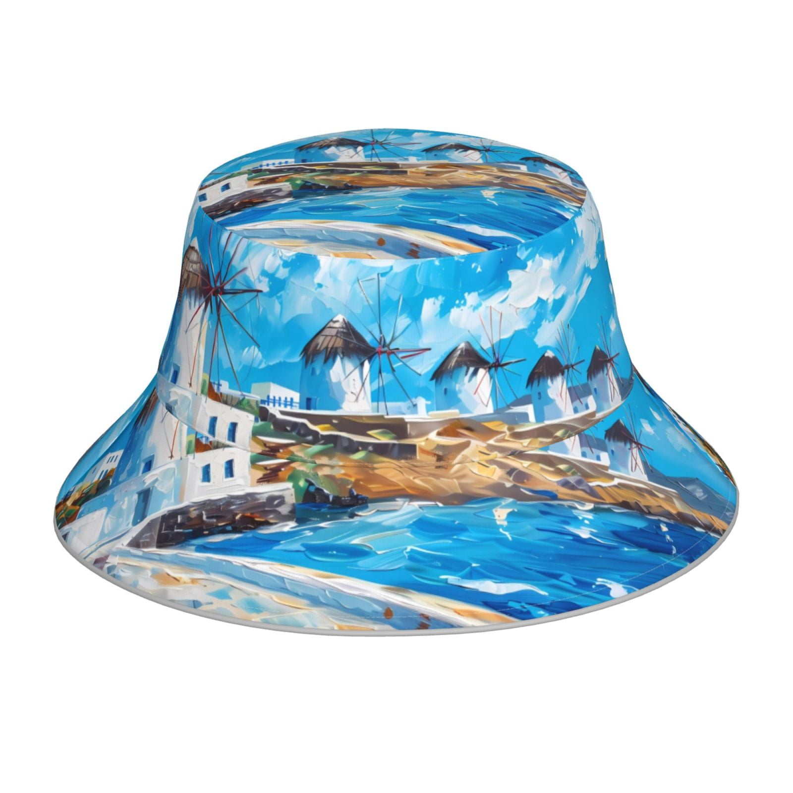 Honeii Greek Island Windmills Painting for Unisex Bucket Hat Waterproof ...