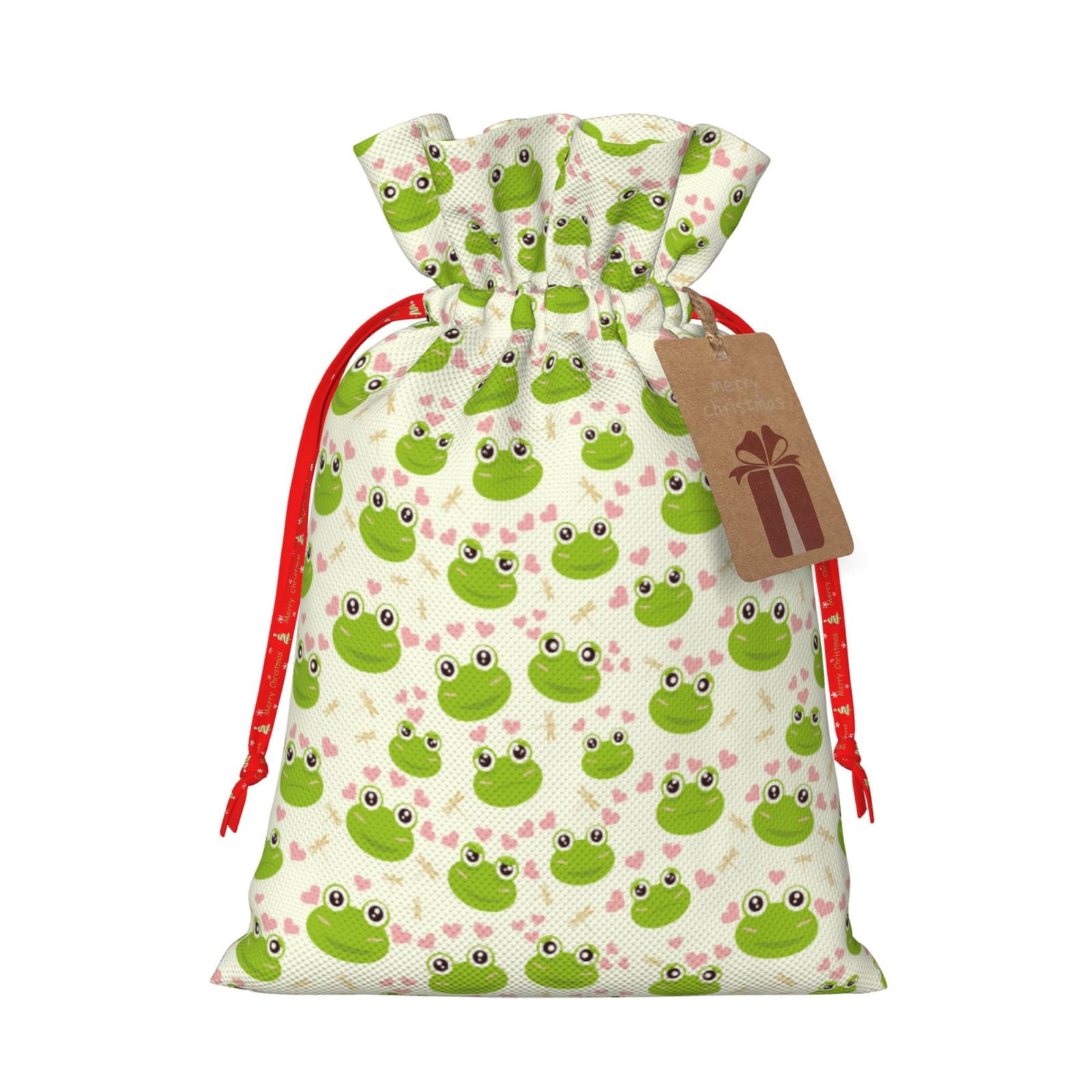 Honeii Green Frog Print Small Burlap Bags,Christmas Drawstring Treat ...