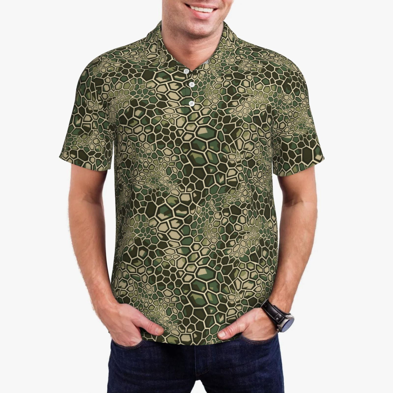 Honeii Green Snake Skin print Polo Shirt, a classic short-sleeved ...