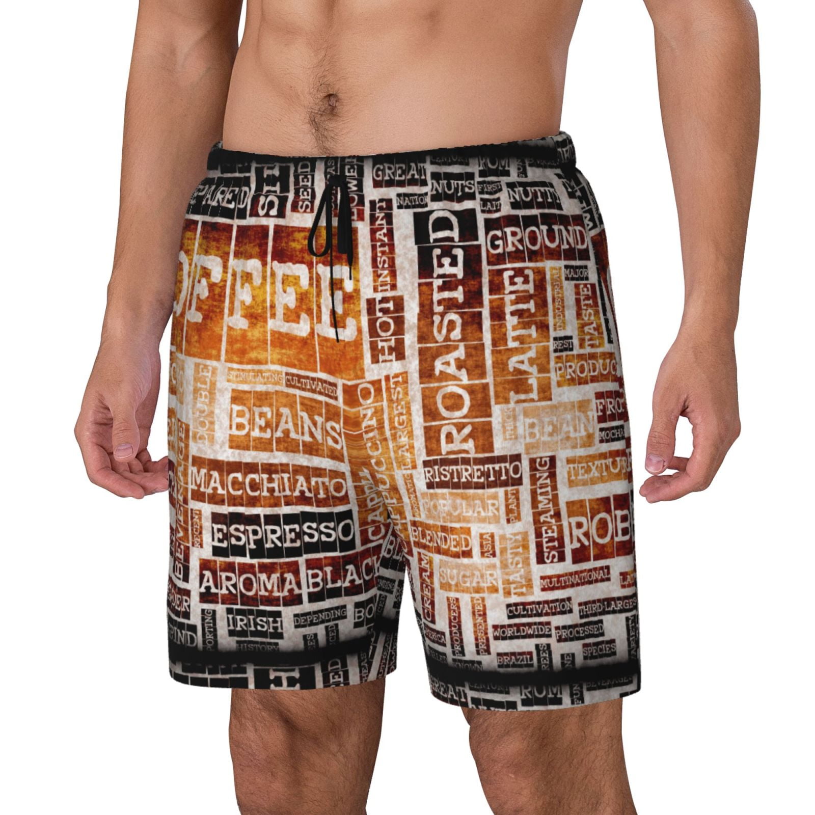 Honeii Hand Drawn Vintage Coffee Print Men's Swim Shorts,Mens Swim Trunks,Breathable Mesh Beach ...