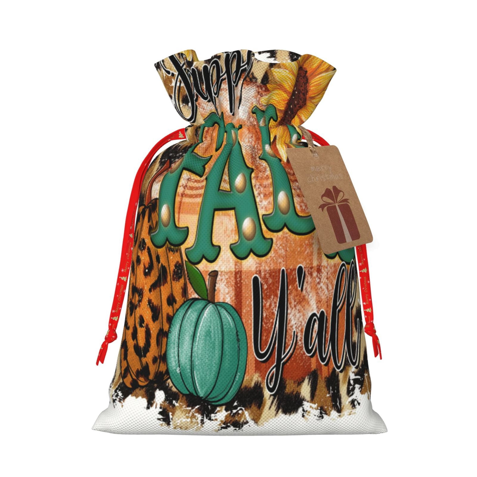Honeii Happy Fall Y'All Print Small Burlap Bags,Christmas Drawstring ...