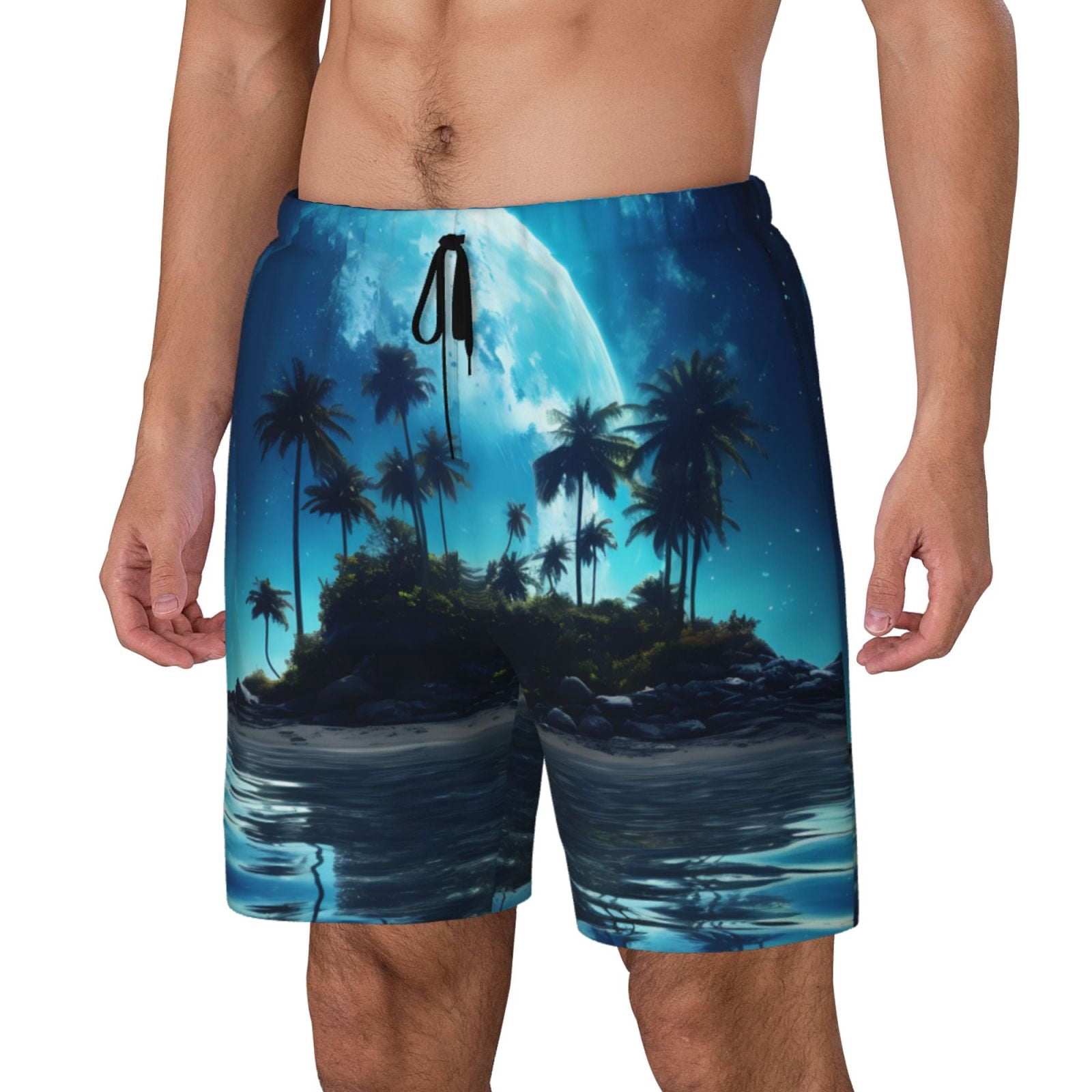 Honeii Hawaiian Beach Pirate Moon Print Men's Swim Shorts,Mens Swim ...