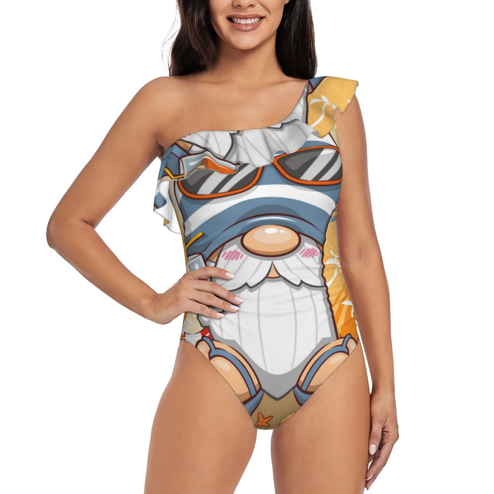 Honeii Hello Summer Cute Gnome for women's one-piece swimsuit featuring a chic one-shoulder ...