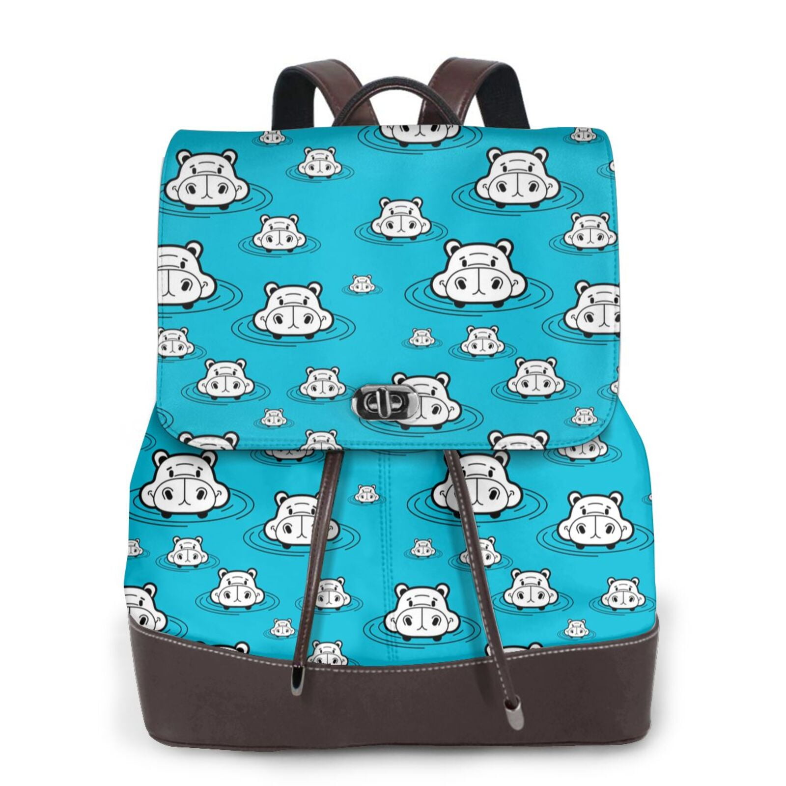 Honeii Hippo In Water Head rint Leather Backpack,Trendy Leather ...