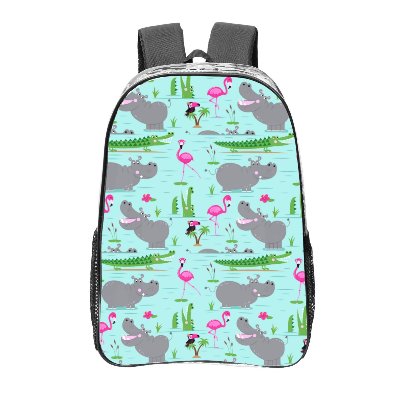 Honeii Hippo With Flamingos And Crocodiles Print Clear Backpack Heavy ...