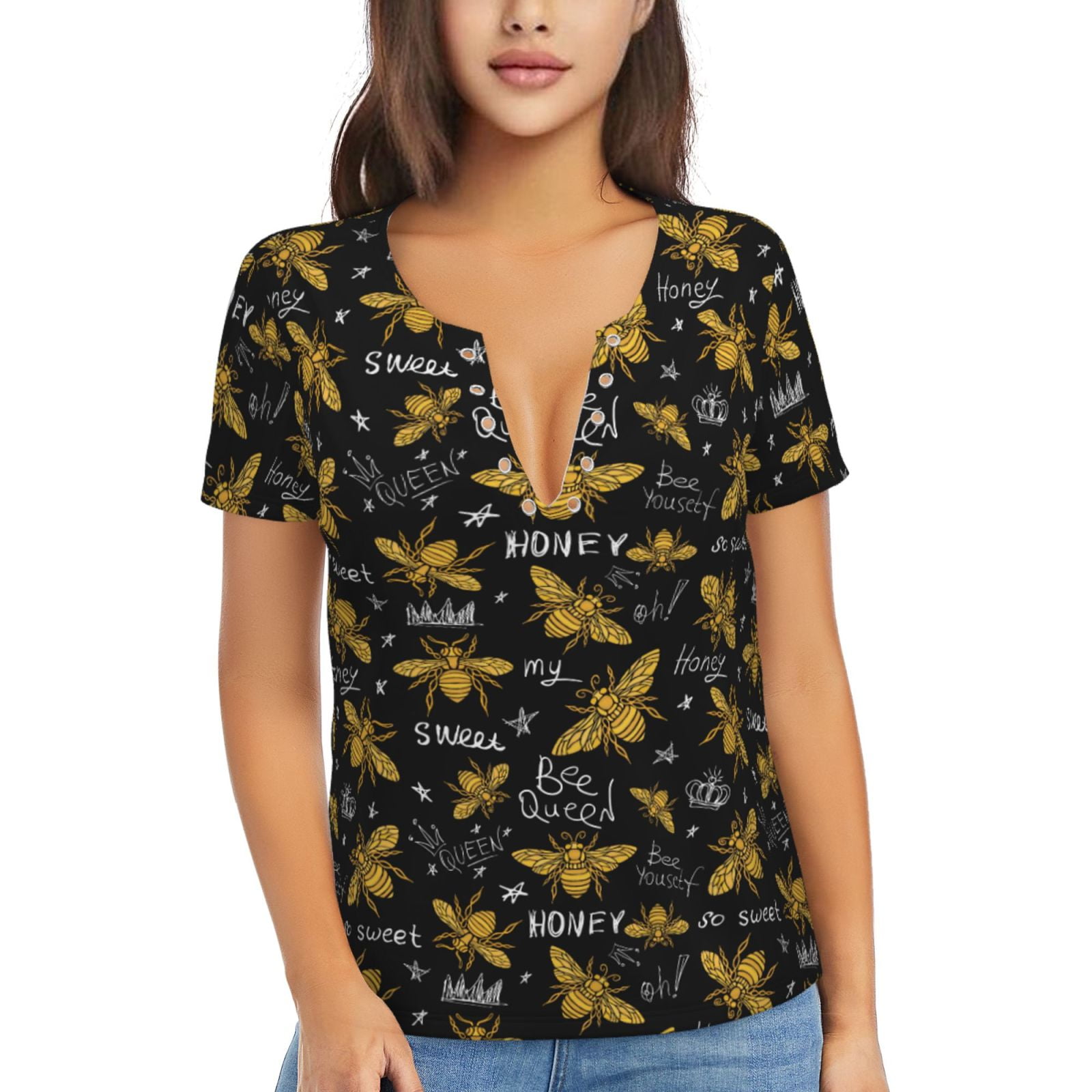 Honeii Hohey Bee Golden Embroidery Print Women's V-Neck T-Shirt,Short ...