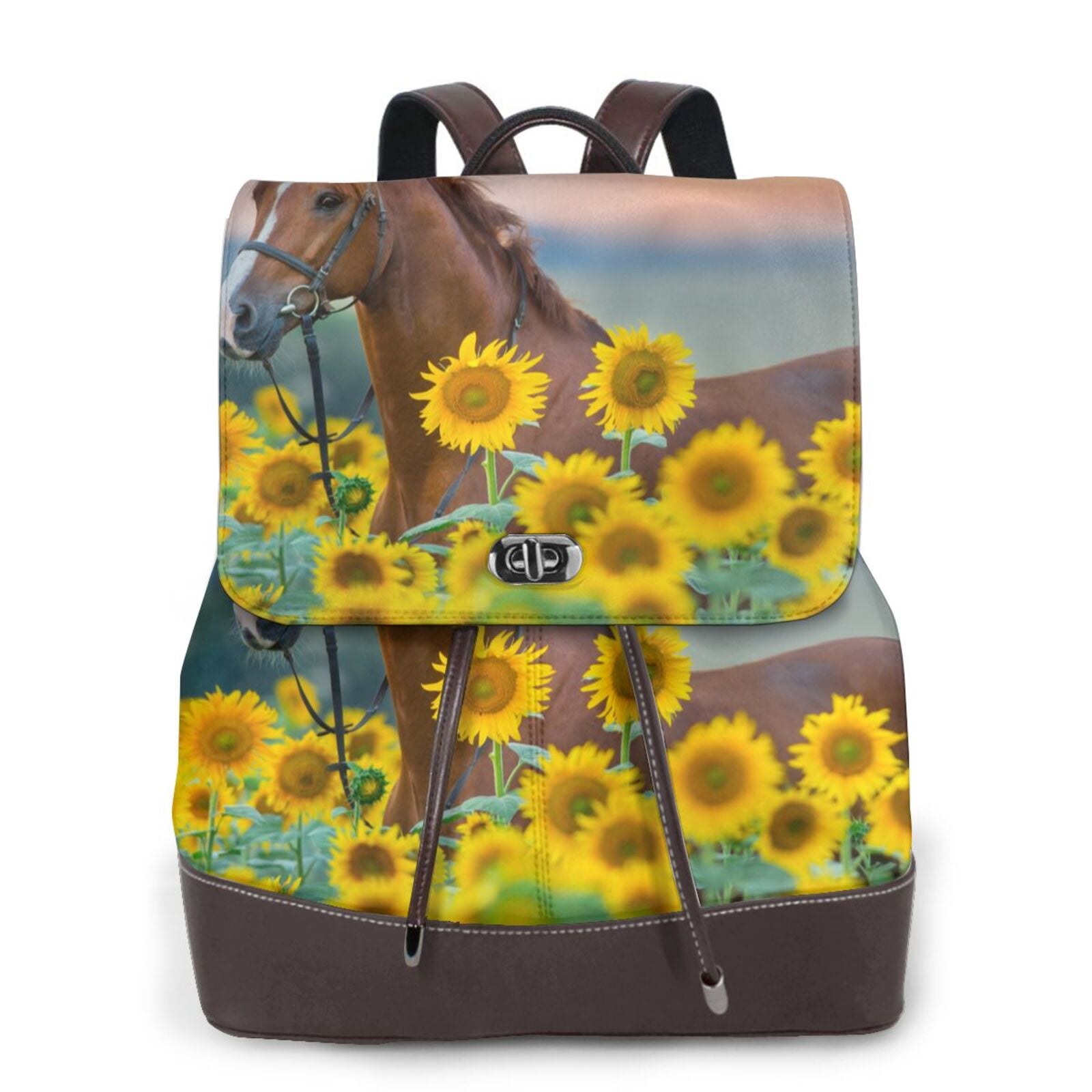 Honeii Horse Sunflowers rint Leather Backpack,Trendy Leather Backpack ...