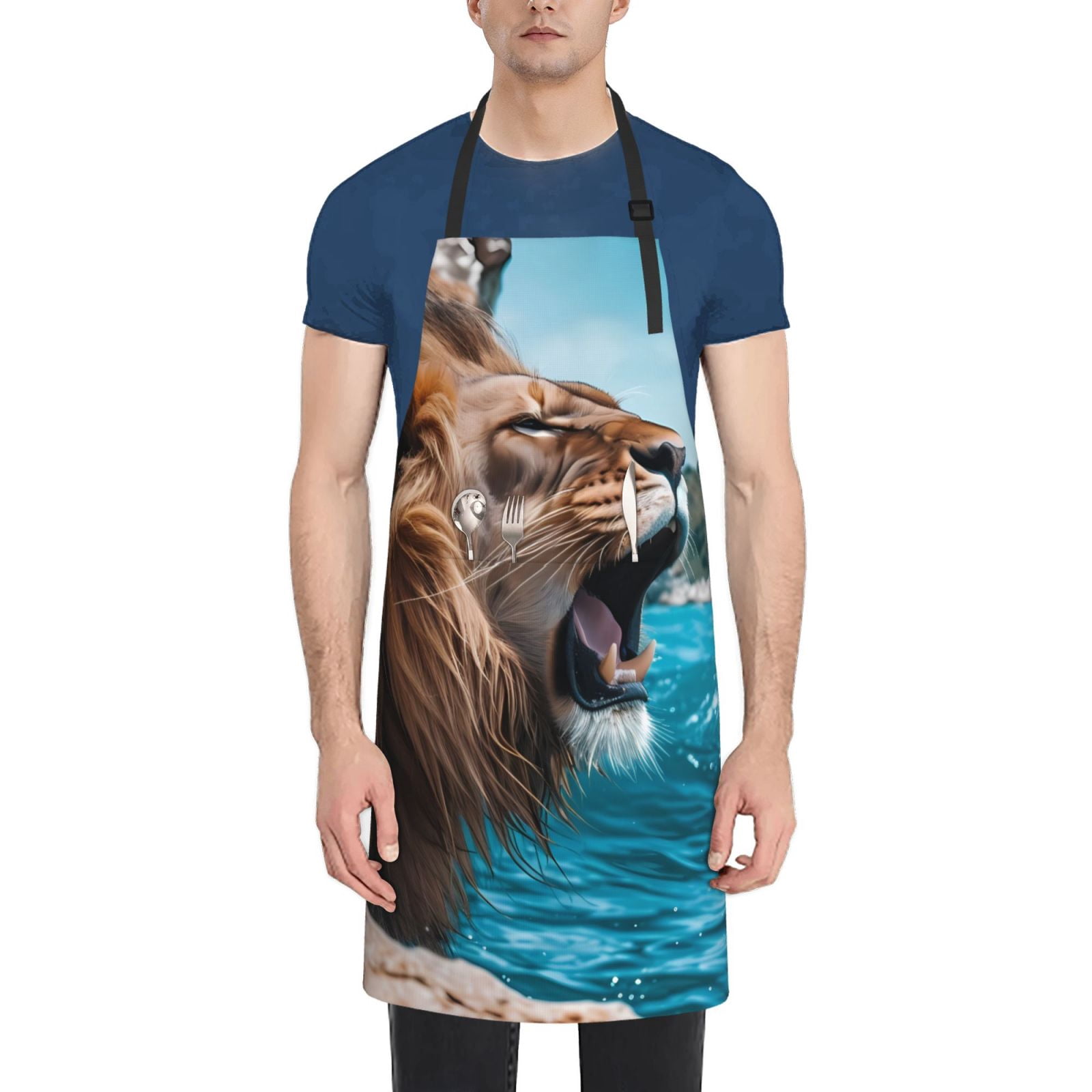 Honeii Ice Blue Coastal Lion Print Waterproof Apron, Adjustable Kitchen ...