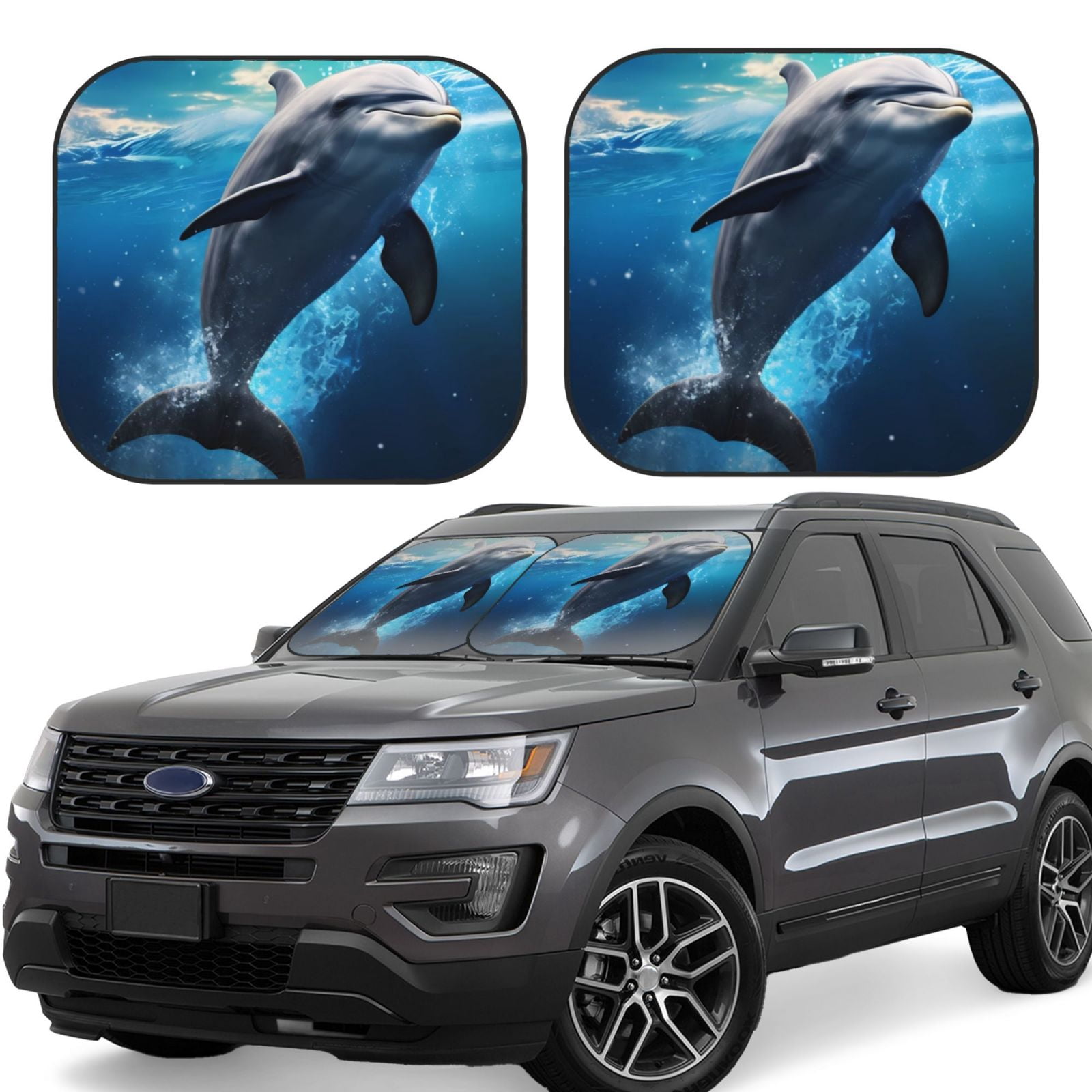 Honeii Ice Blue Ocean Cute Dolphin Print Foldable Car Sun Shade for ...