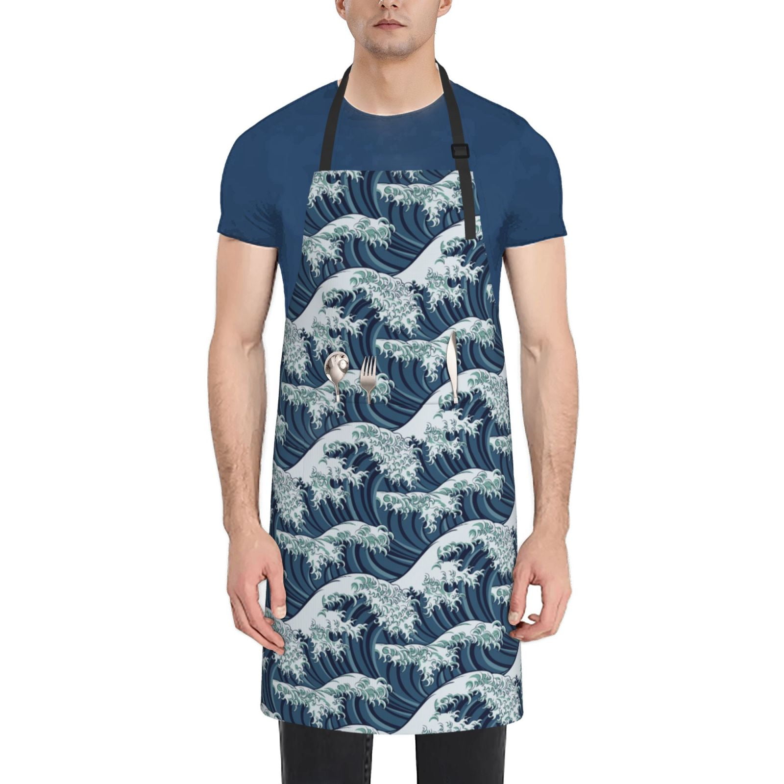 Honeii A Japanese Great Wave Print Waterproof Apron, Adjustable Kitchen ...