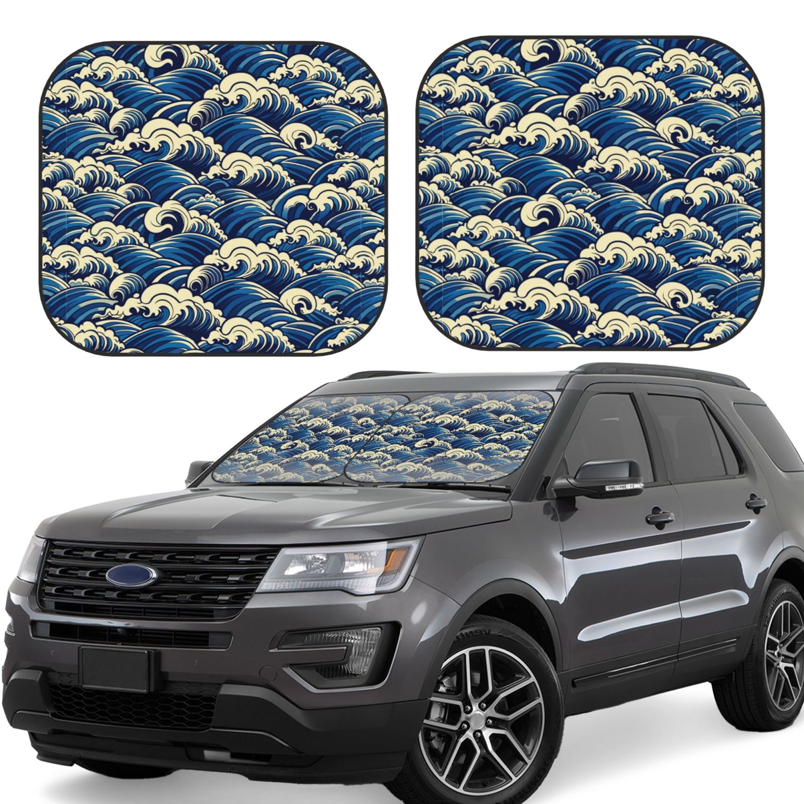 Honeii Japanese Water Wave Print Foldable Car Sun Shade for Windshield ...