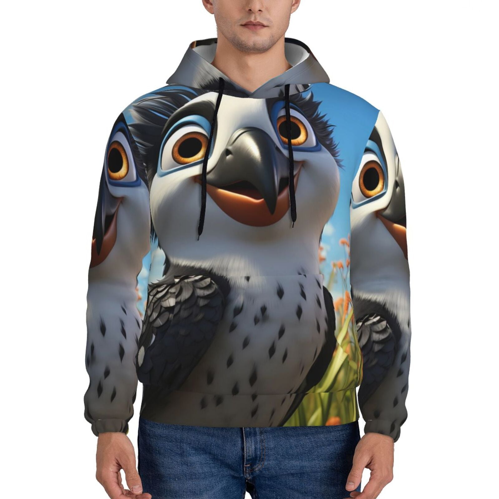Honeii Joyful Animated Bird Pattern Mens Hoodies Men's Loose Sleeve ...