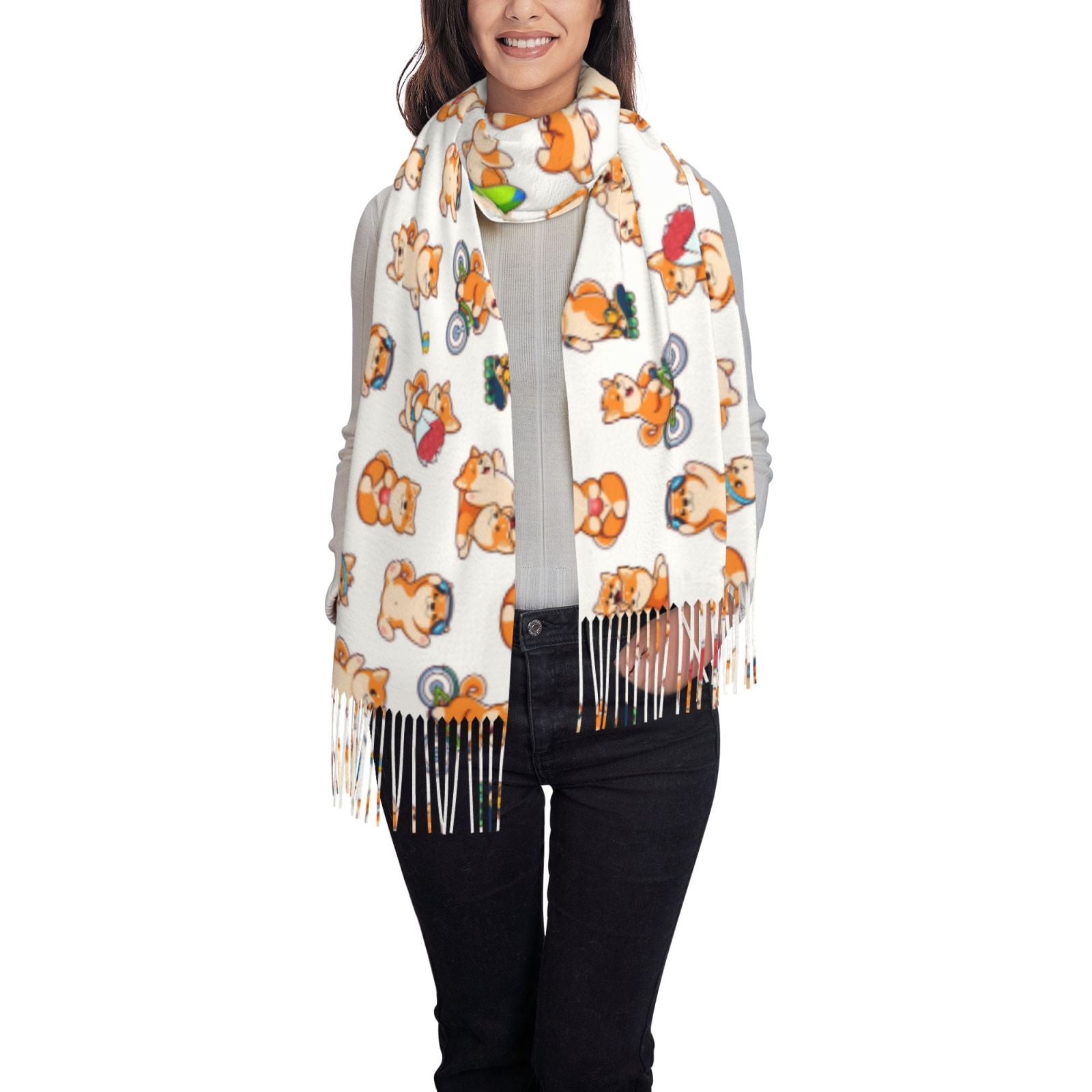 Honeii Kawaii Shiba Dog Print Scarf Oversized Scarf Tassel Fall Winter ...