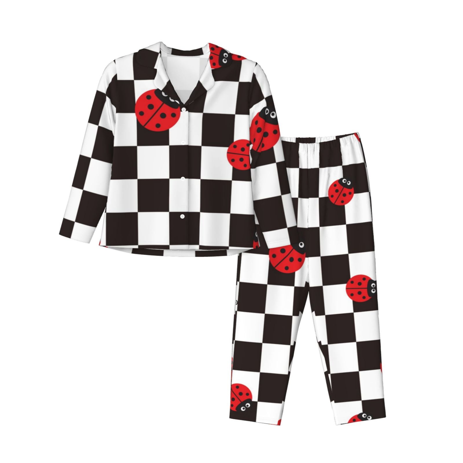 Honeii Ladybugs Of Black And White Checkers Print Women's Pajama Sets ...