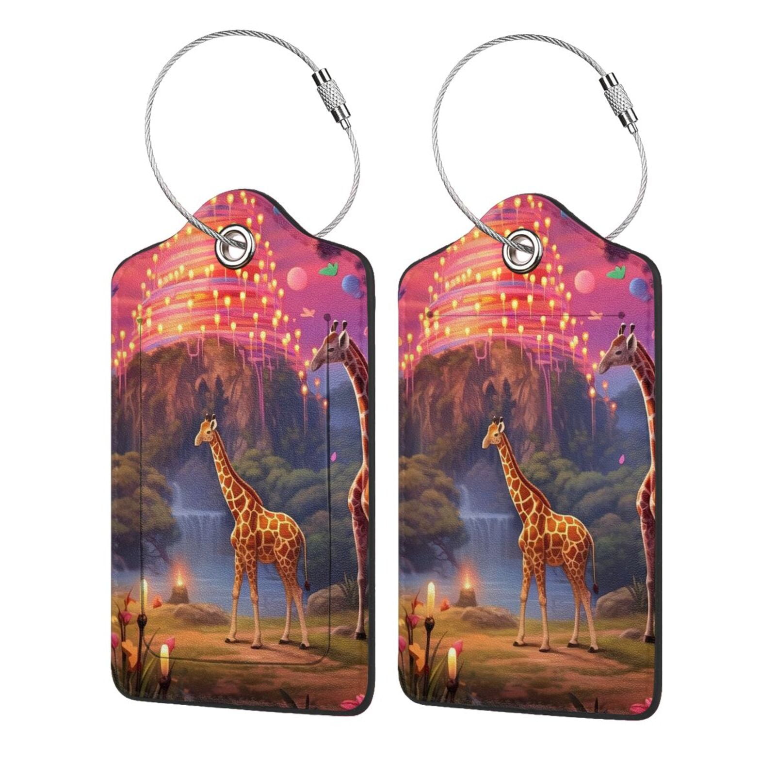 Honeii Lantern Giraffes Magical Forest Print Leather Luggage Tag for ...