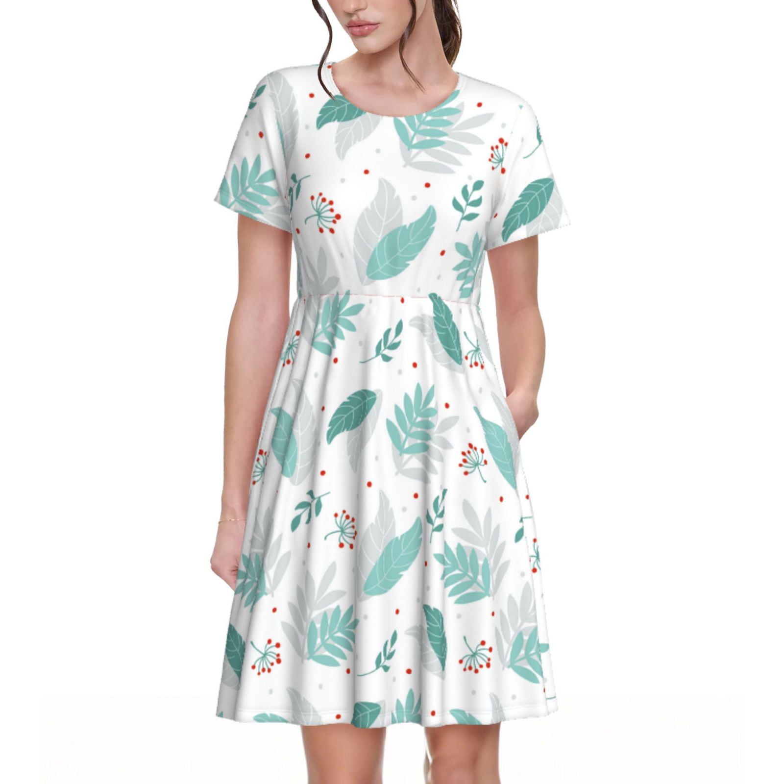 Honeii Leaf Print Green Print Women’s Short Sleeve Dress, Comfortable ...