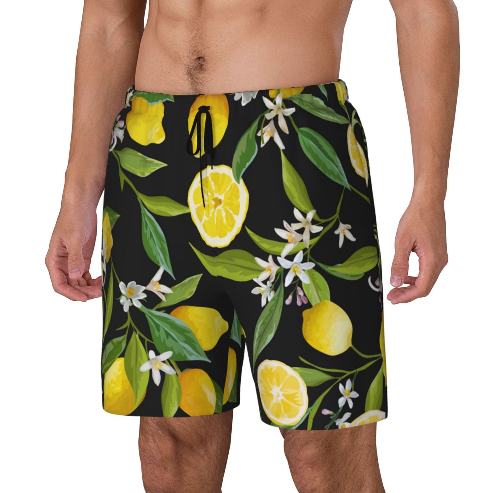 Honeii Lemon Fruits Flowers Leaves Print Men's Swim Shorts,Mens Swim ...