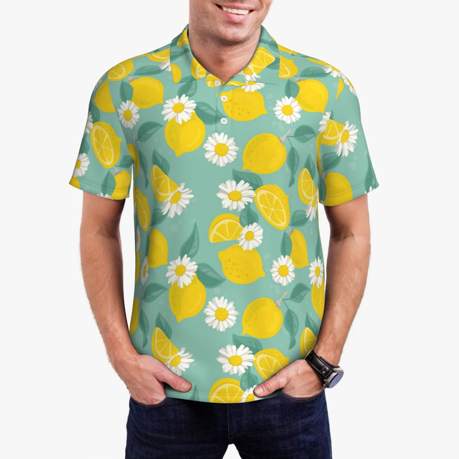 Honeii Lemons Chamomile Flowers And Leaves print Polo Shirt, a classic ...