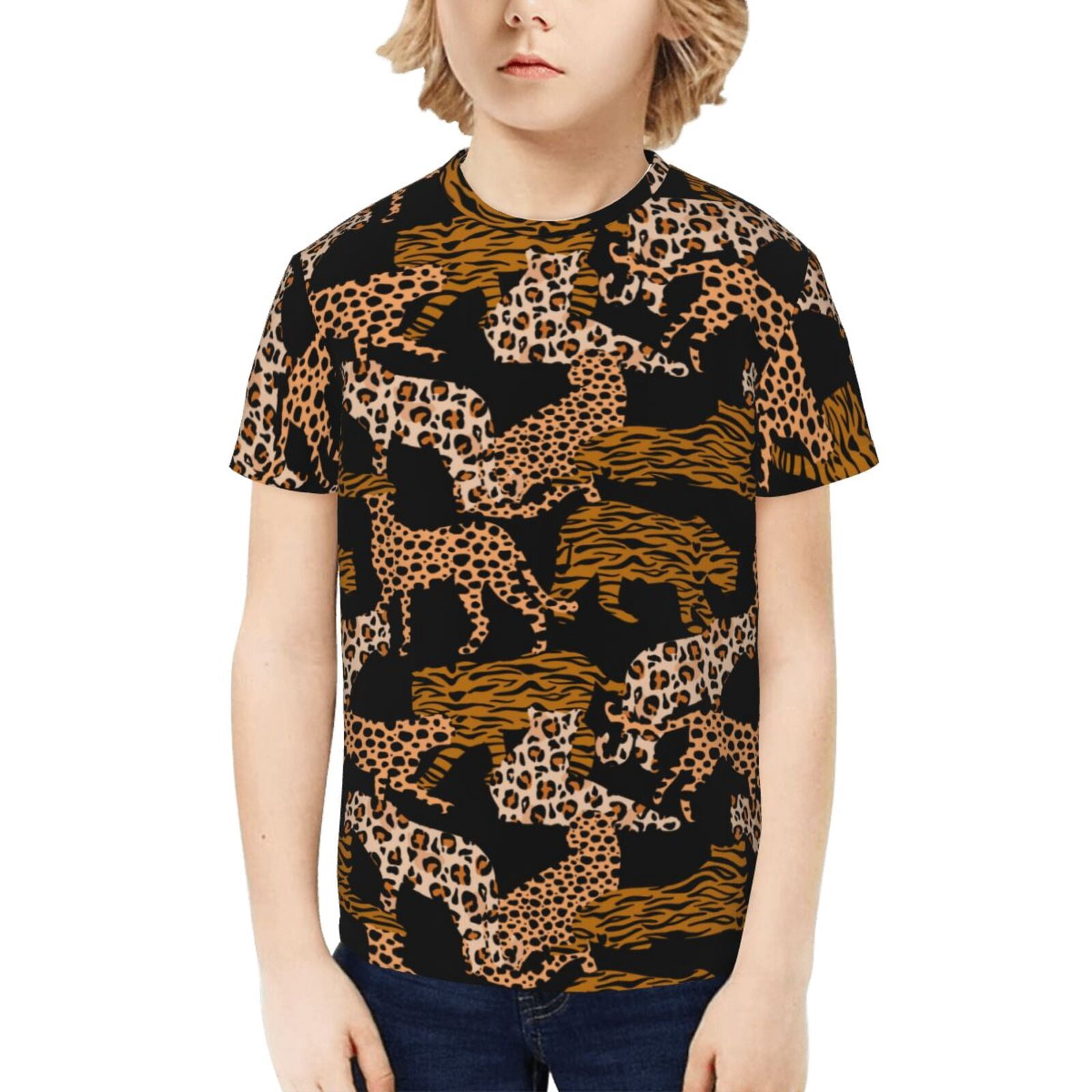 Honeii Leopard Print Print Kids Boy T-Shirt,Breathable Round Neck Tee ...