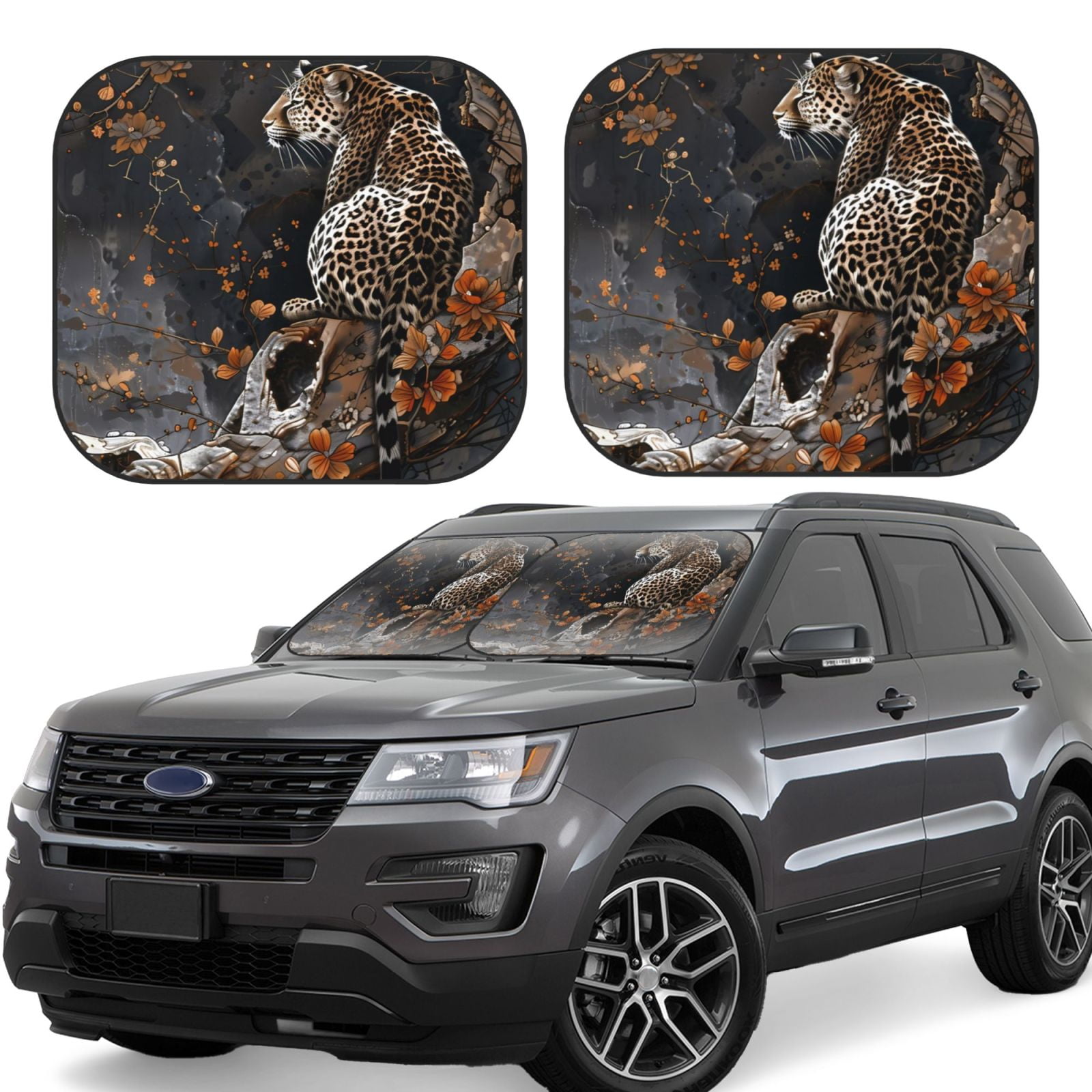 Honeii Leopard On Tree Branch Print Foldable Car Sun Shade for Windshield, 2-Piece UV Protection ...